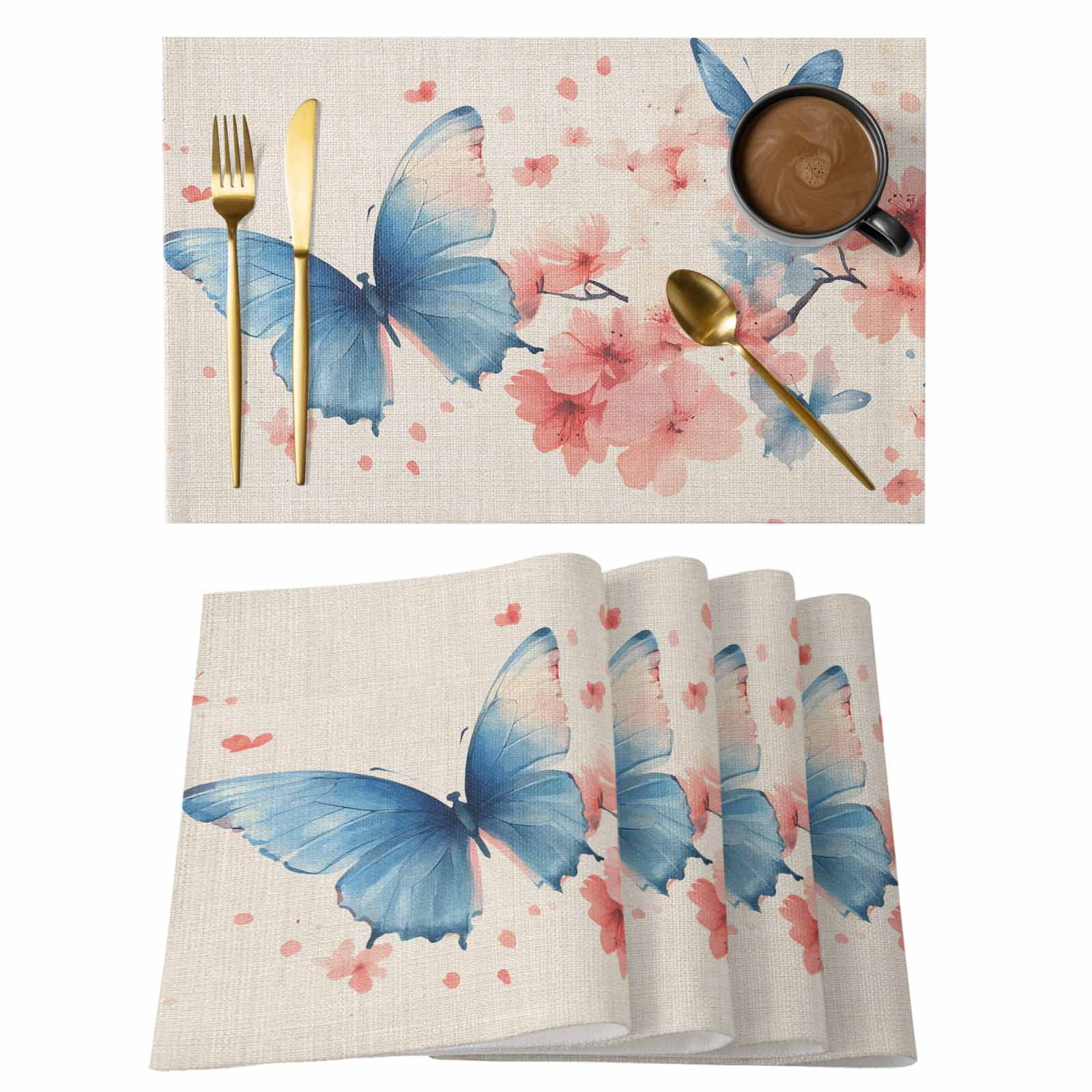 Blue Butterfly Placemats Set of 4 Retro Country Spring Pink Flowers ...