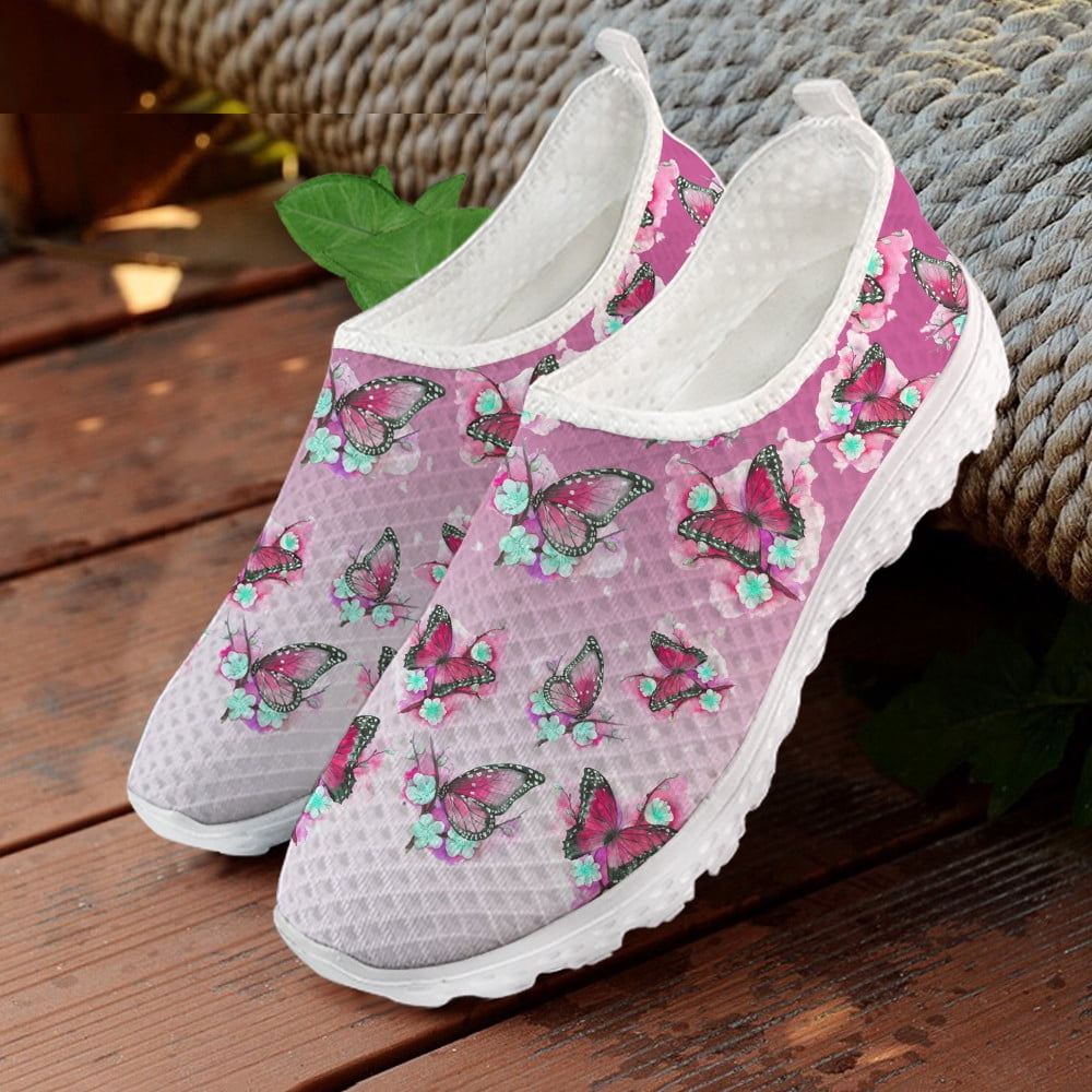 Blue Butterfly Print Breathable Mesh Ladies Sneakers Slip On Flat ...
