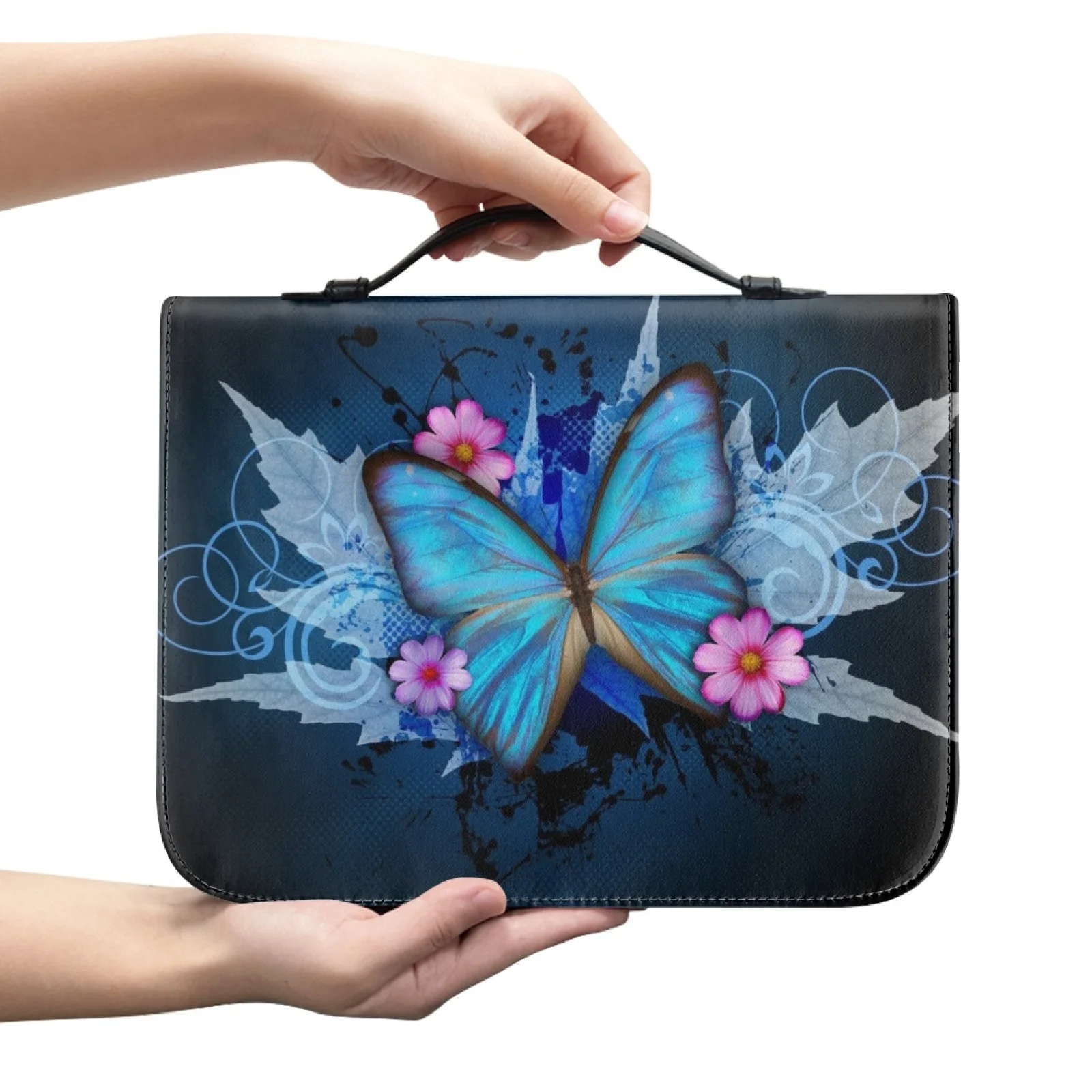 Blue Butterfly Print Leather Bible Bag for Women Men Handle Bible Hymns ...