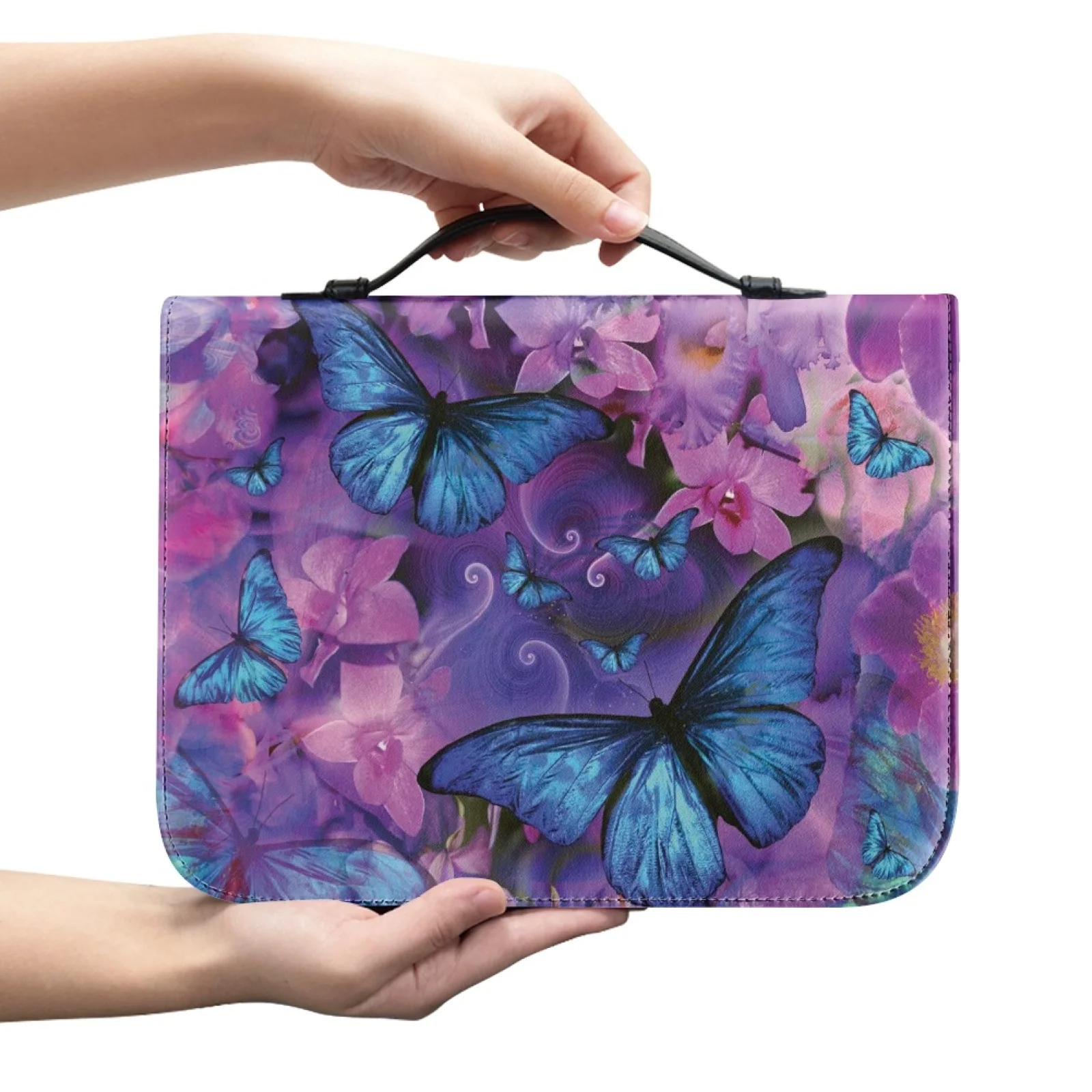 Blue Butterfly Print Leather Bible Bag for Women Men Handle Bible Hymns ...