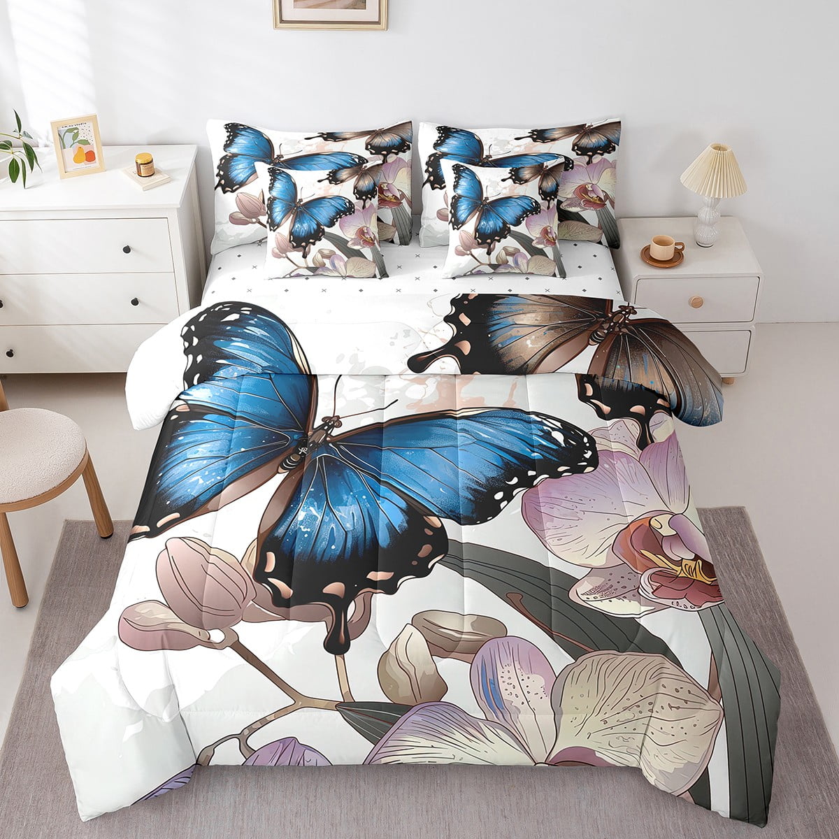 Blue Butterfly Queen Size Comforter Set with Sheets Rural Pastoral ...