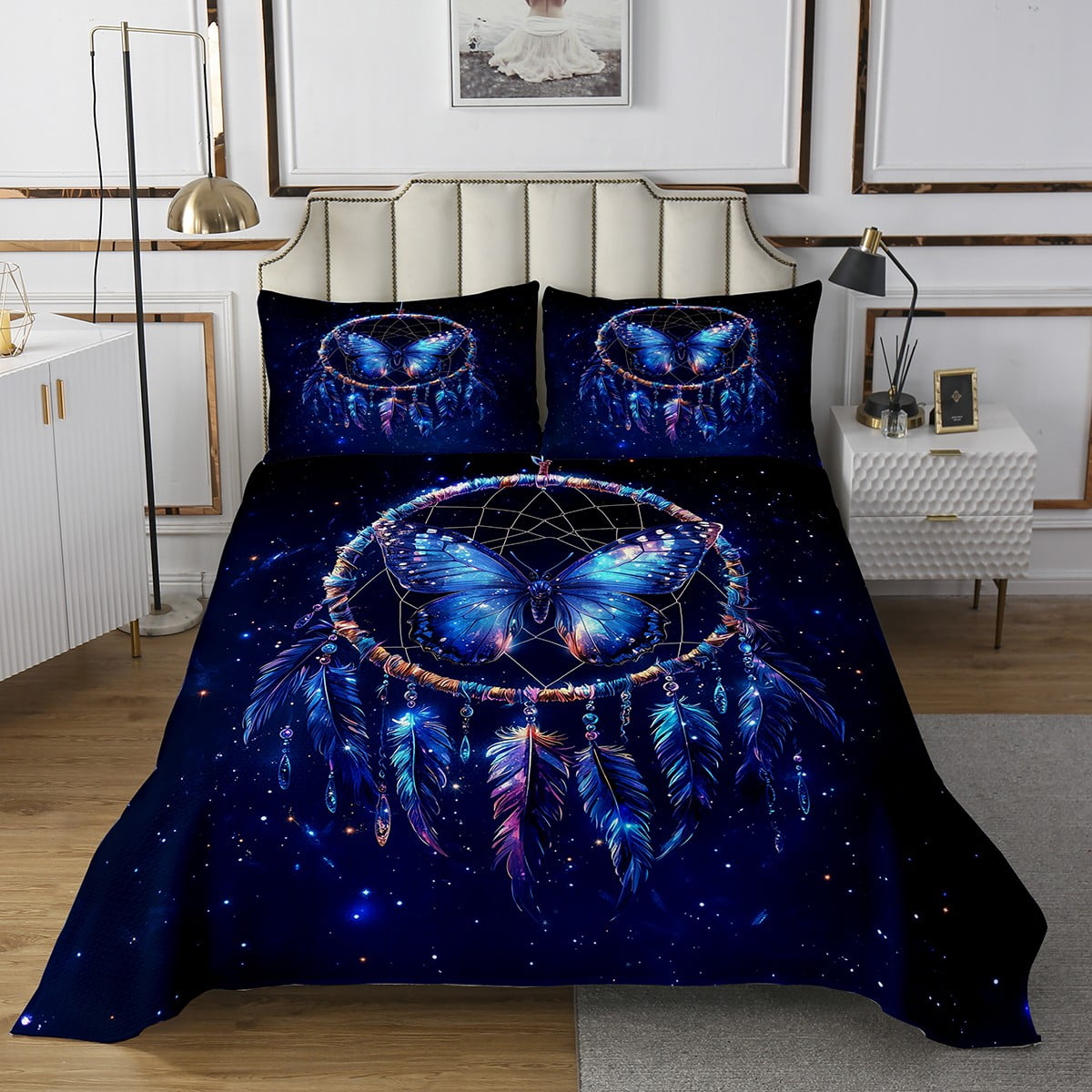 Blue Butterfly Quilt Set Dream Catchers Bedspread Set Twin,Boho Feather ...
