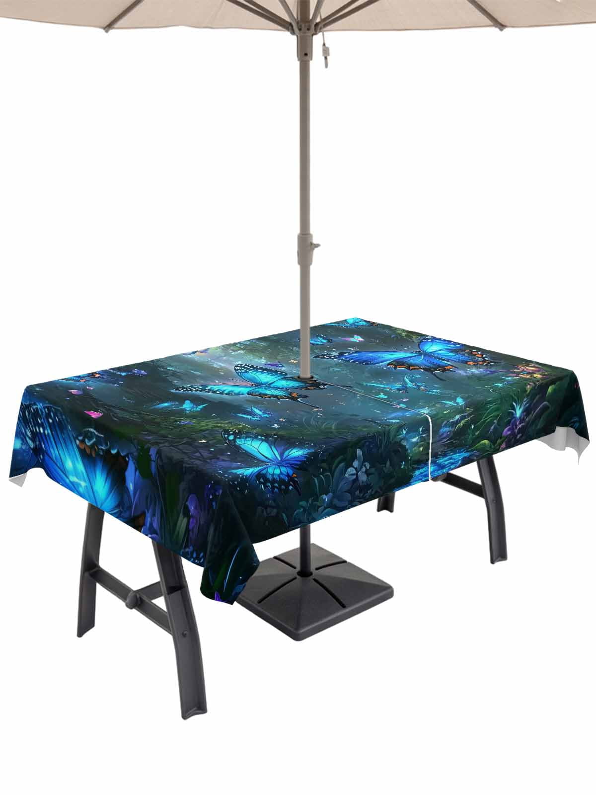 Blue Butterfly Rectangle Outdoor Tablecloth with Umbrella Hole Shiny ...