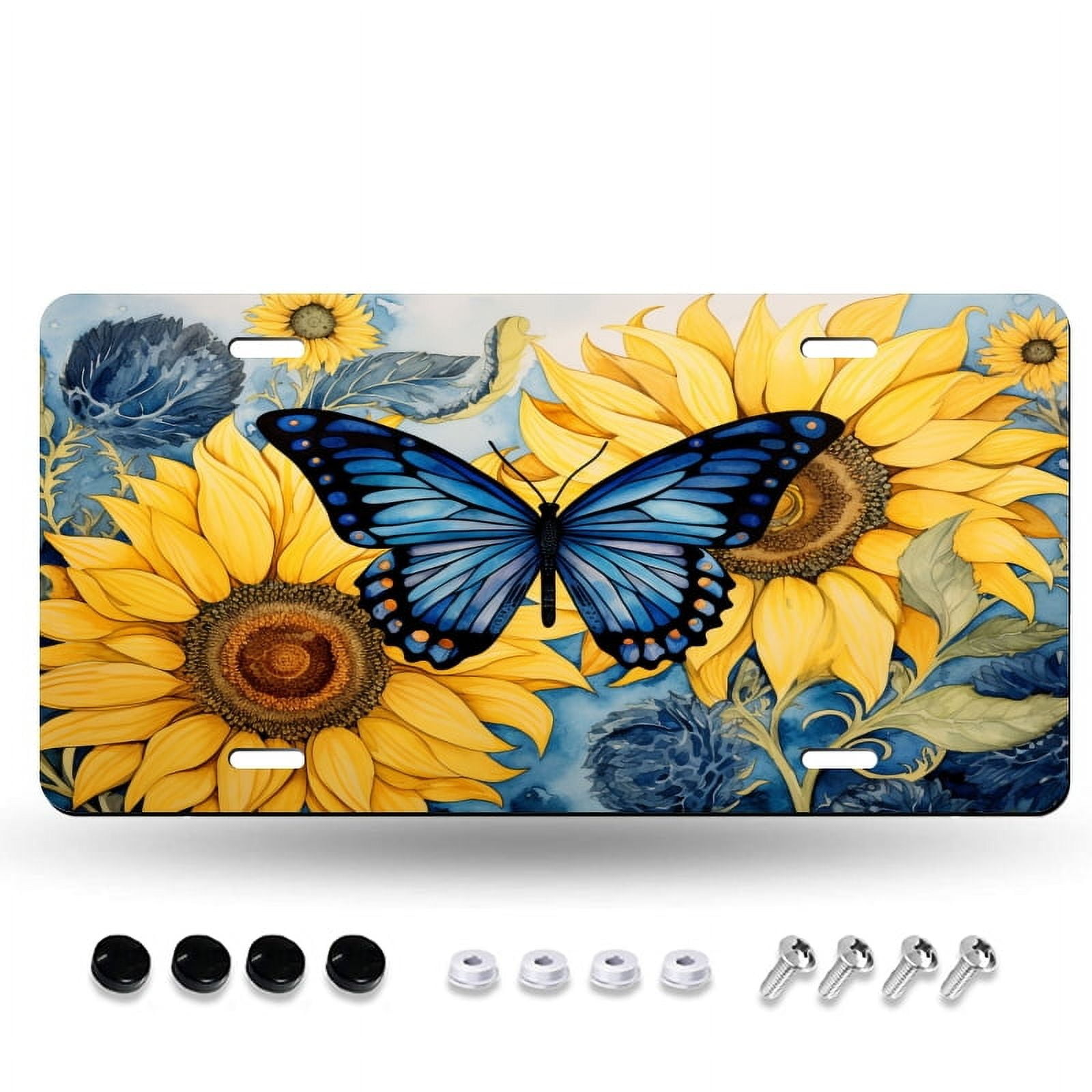 Blue Butterfly Is Resting on The Center Sunflower License Plate Frame ...