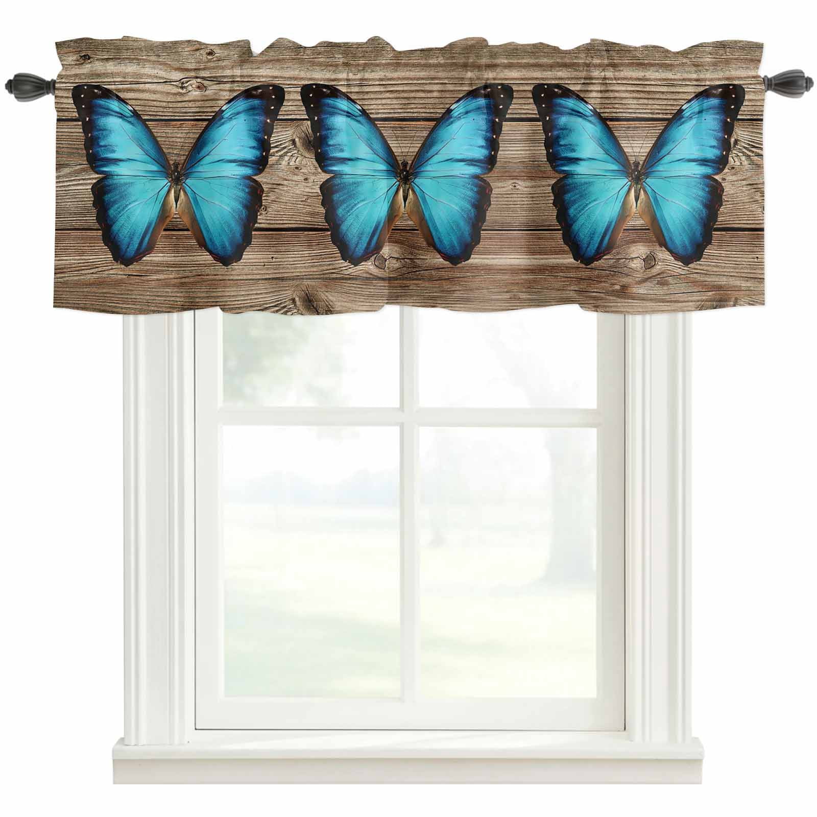 Blue Butterfly Rod Pocket Curtain Valance, Vintage Animal Artwork Brown ...