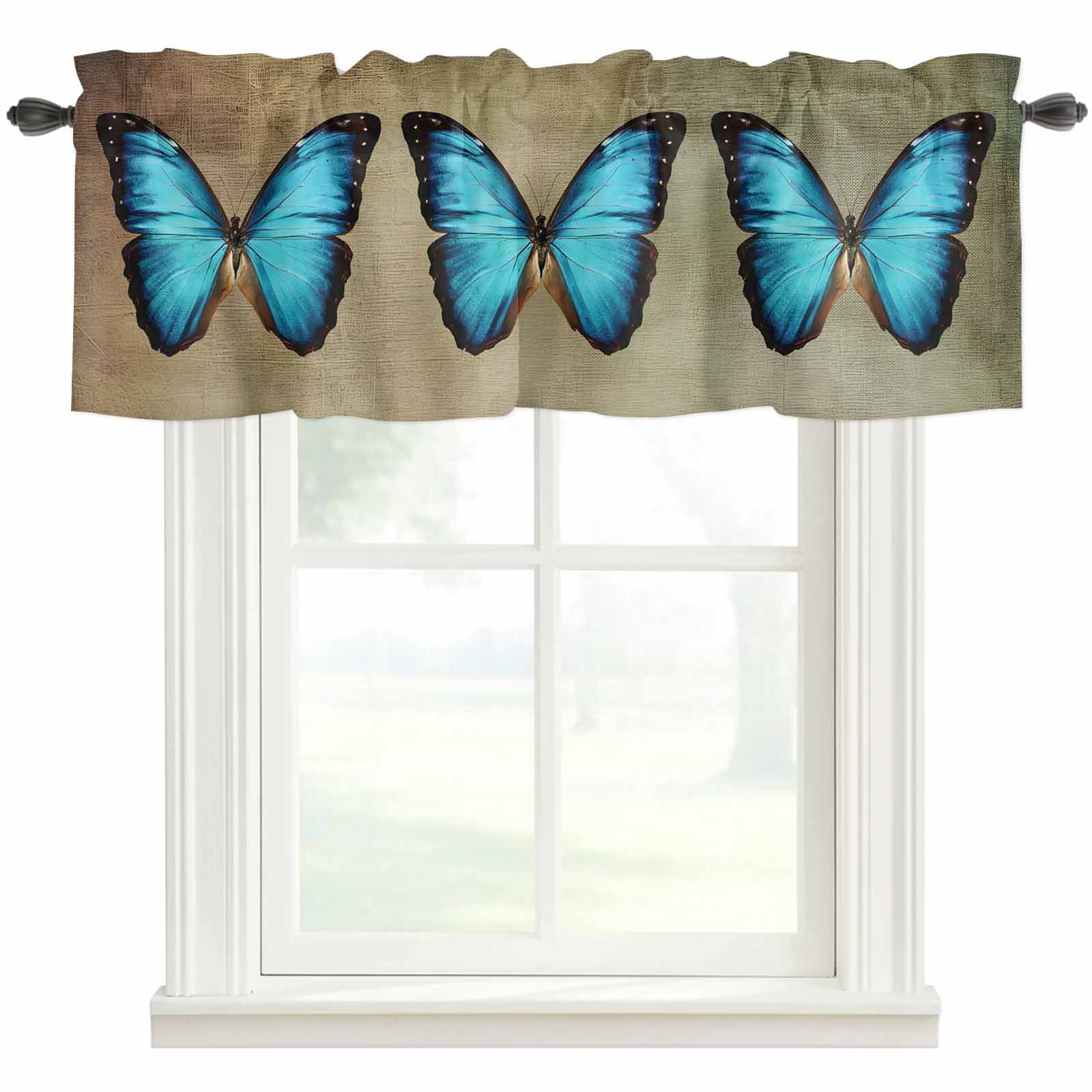 Blue Butterfly Rod Pocket Curtain Valance, Vintage Animal Painting ...