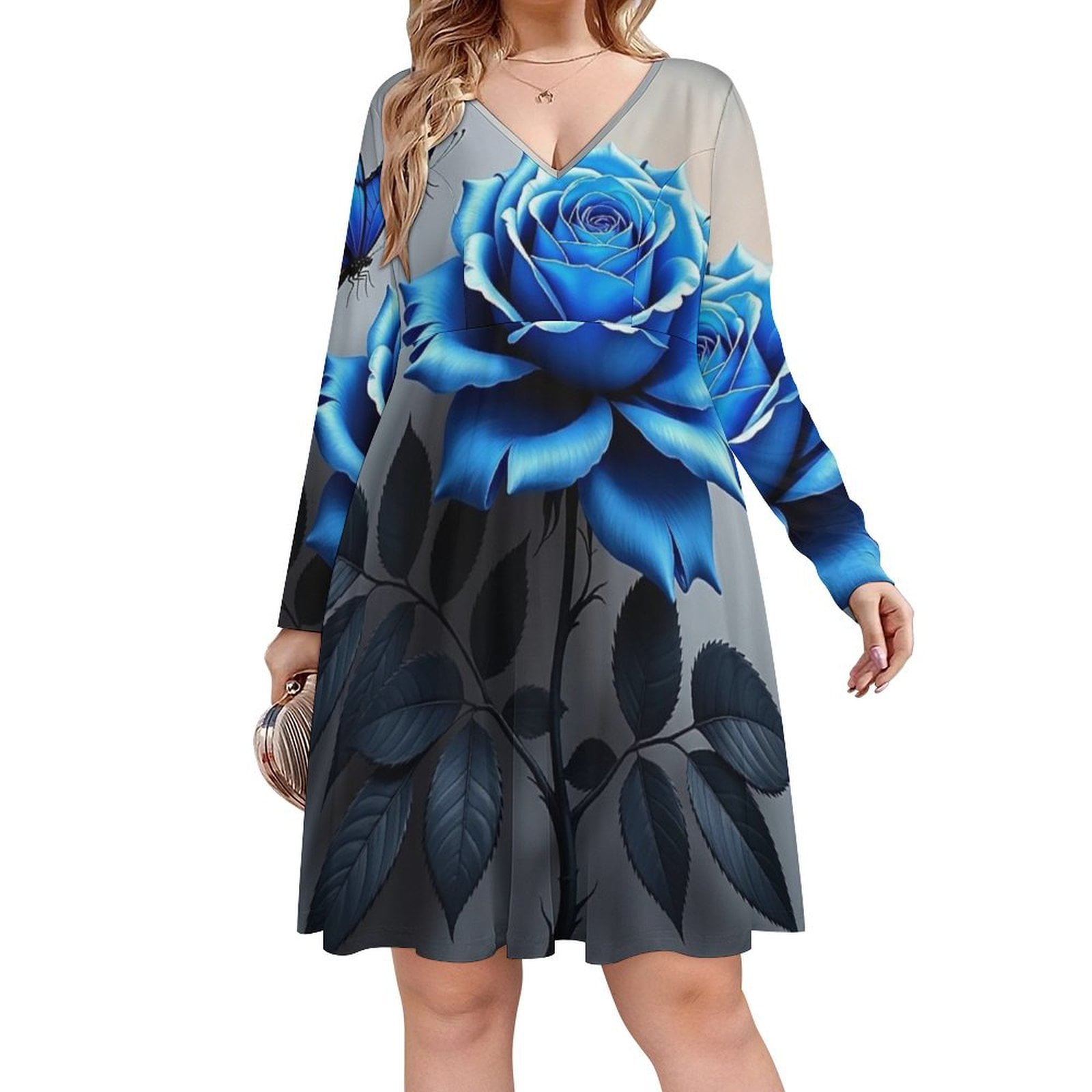 Blue Butterfly Romantic Rose Long Sleeve Dresses For Women Vintage Elegant Party Dress Oversized ...