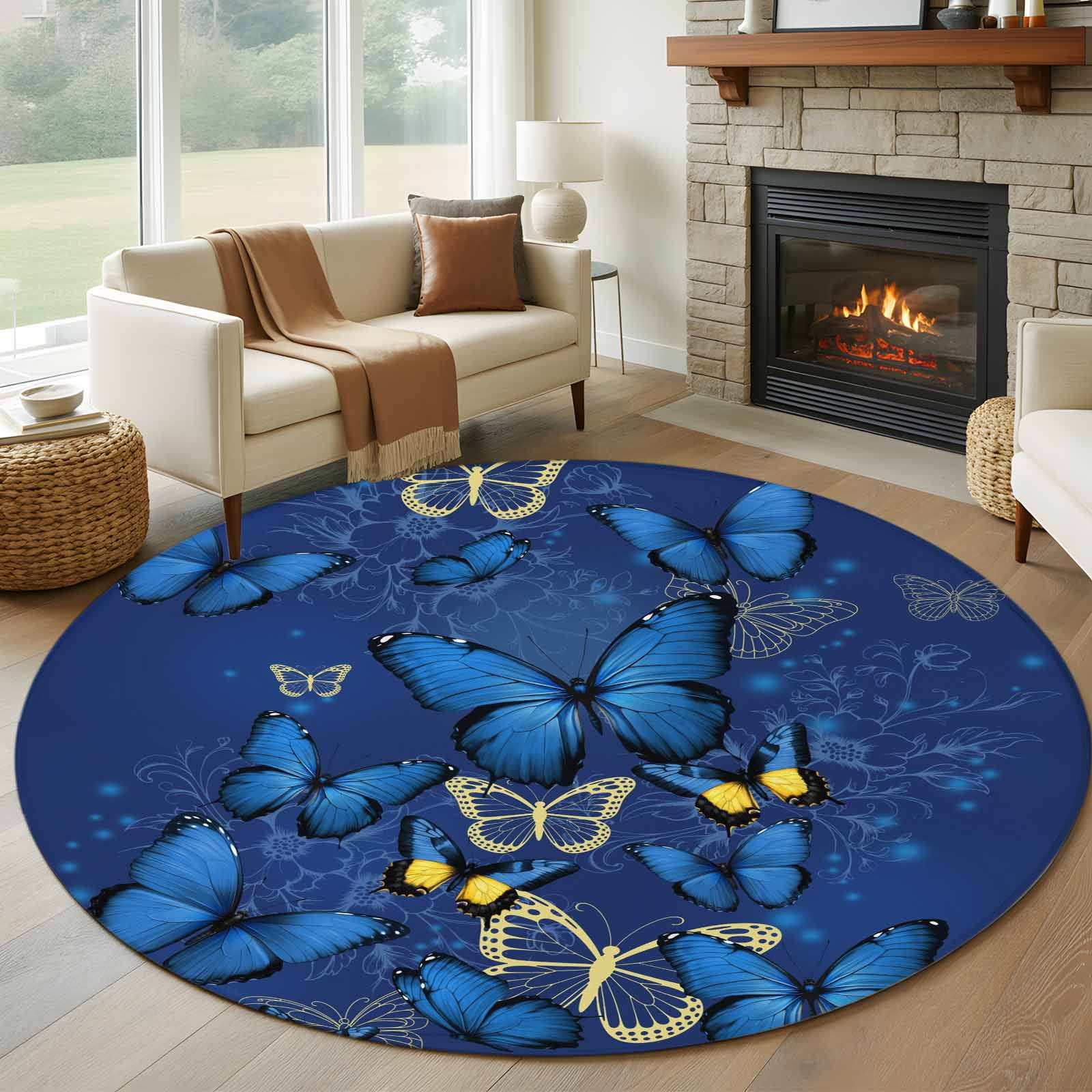 Blue Butterfly Round Area Rug 5 FT, Non Slip Bedroom Rugs, Farmhouse ...