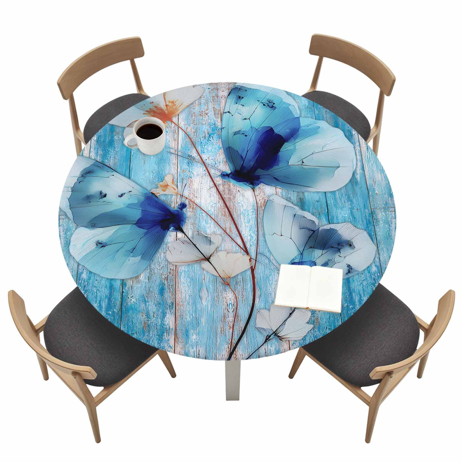 Blue Butterfly Round Fitted Table Cover Watercolor White Flowers Wood ...