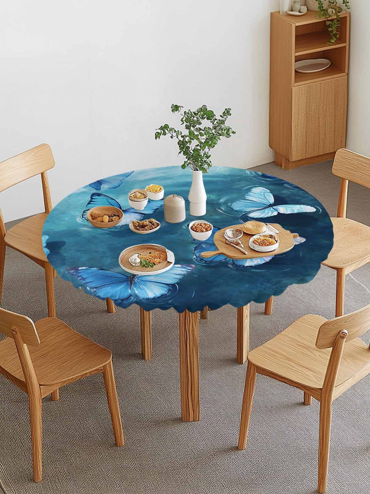 Blue Butterfly Round Fitted Tablecloth with Elastic Edge, Blue Water ...