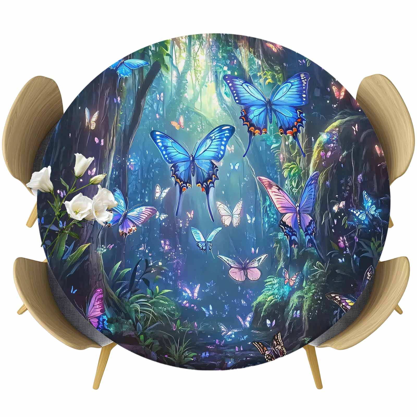 Blue Butterfly Round Tablecloth, Fitted Table Cover with Elastic for 36 ...