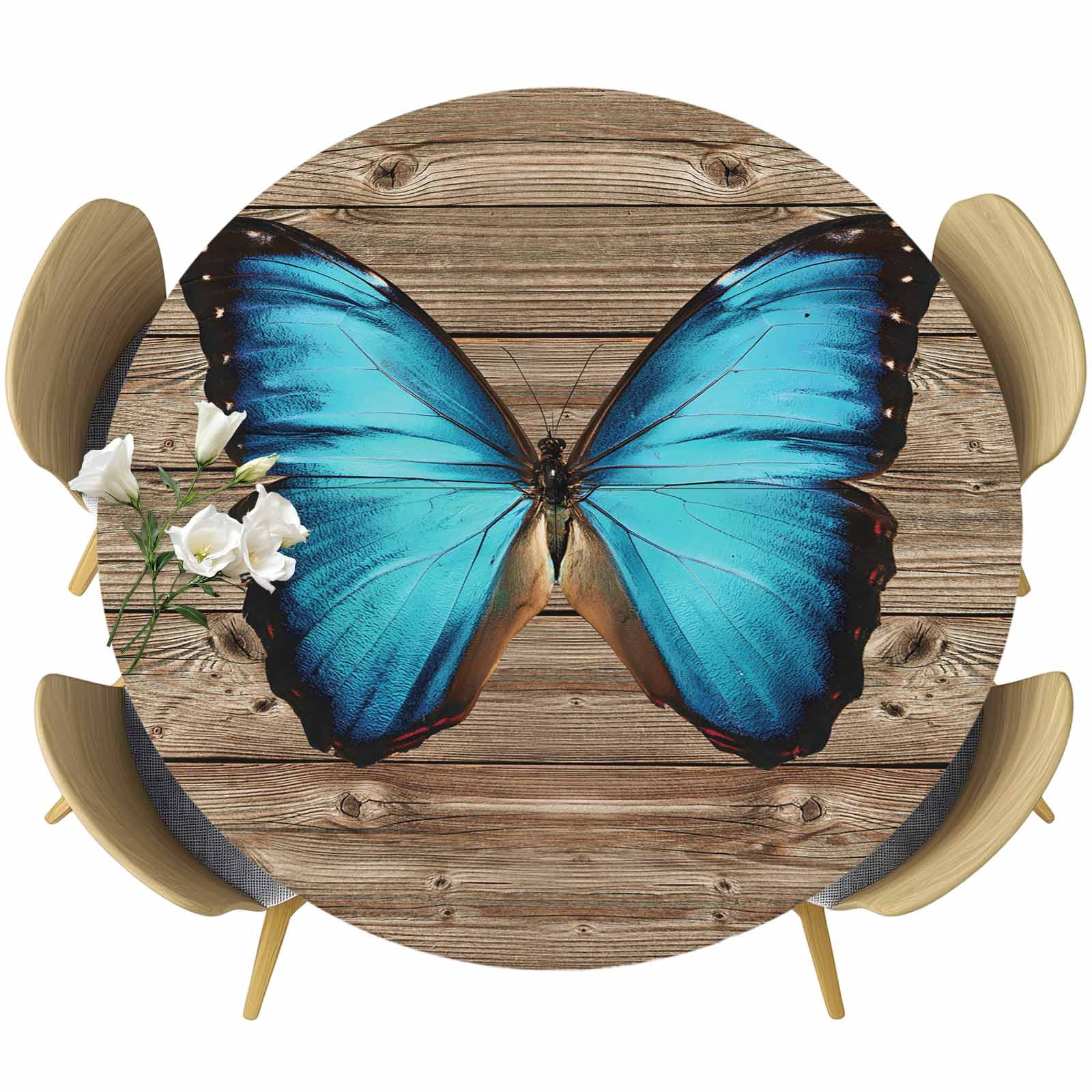 Blue Butterfly Round Tablecloth, Fitted Table Cover with Elastic for 36 ...