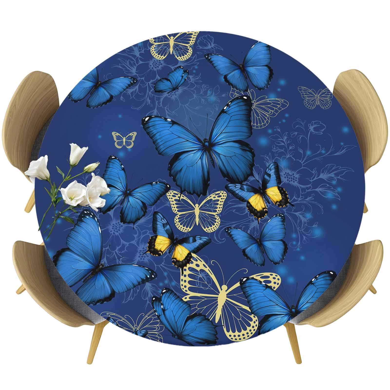 Blue Butterfly Round Tablecloth, Fitted Table Cover with Elastic for 45 ...