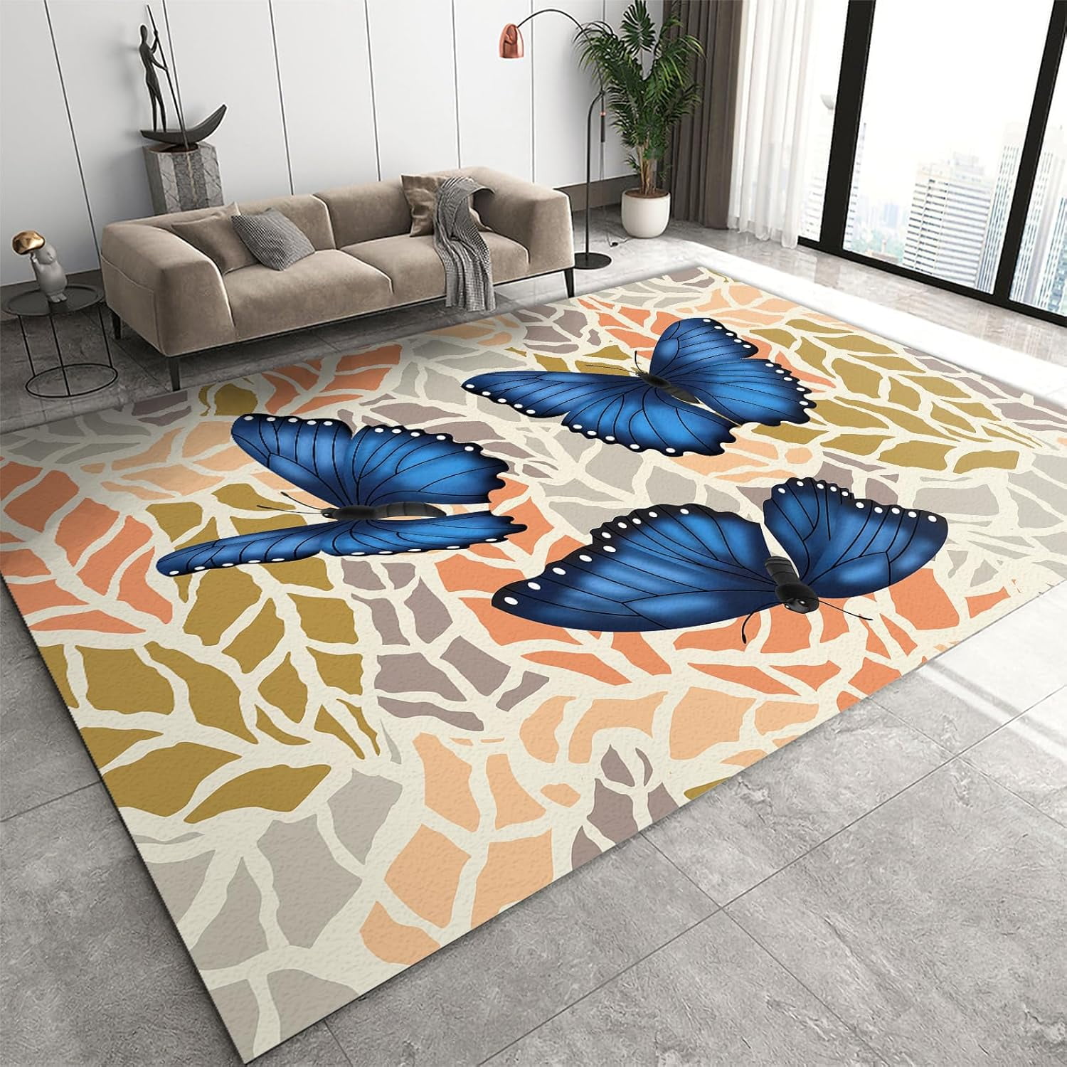 Blue Butterfly Rug Warm Tones Orange Yellow Rug for Living Room, Non ...