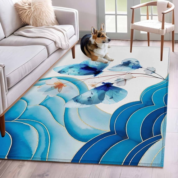 Blue Butterfly Runner Rug Non Slip 2.7x5 Watercolor White Flowers Ocean ...