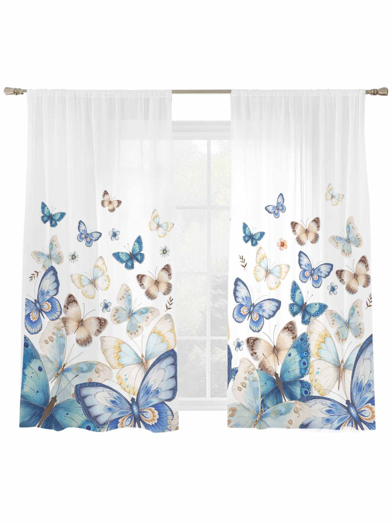 Blue Butterfly Sheer Curtains 2 Panels Set Farmhouse Floral Sheer ...