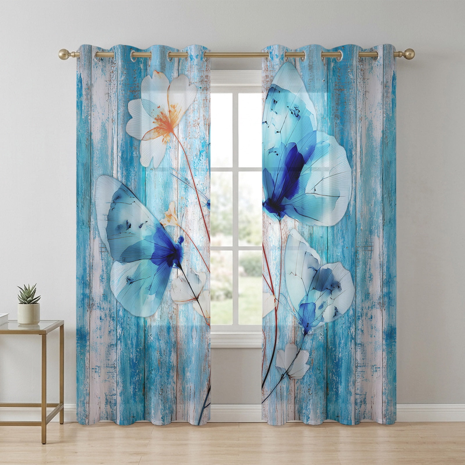 Blue Butterfly Sheer Curtains 63 Inch Long 2 Panels, Watercolor White ...