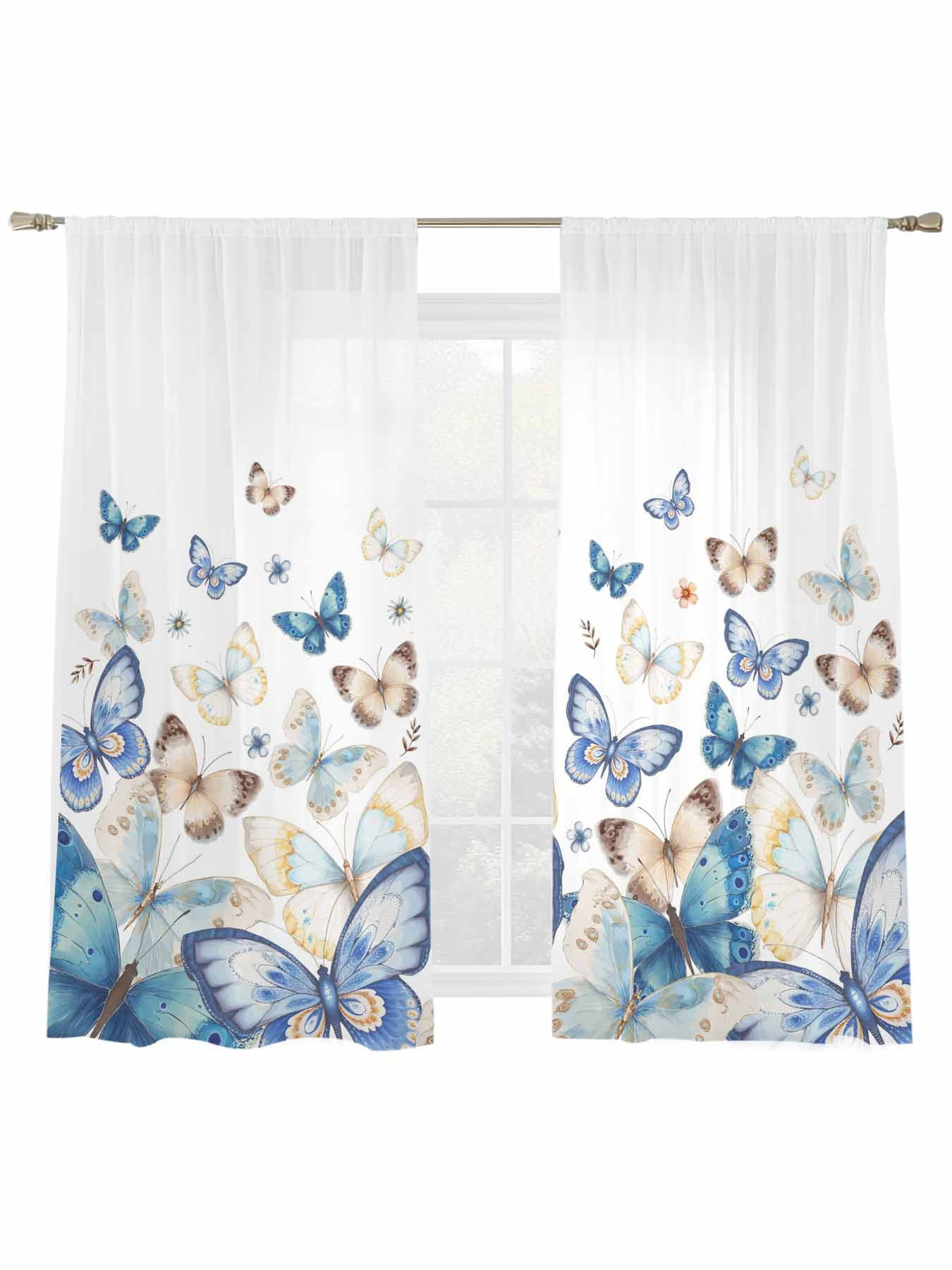 Blue Butterfly Sheer Curtains 72 Inch Long 2 Panels, Farmhouse Floral ...