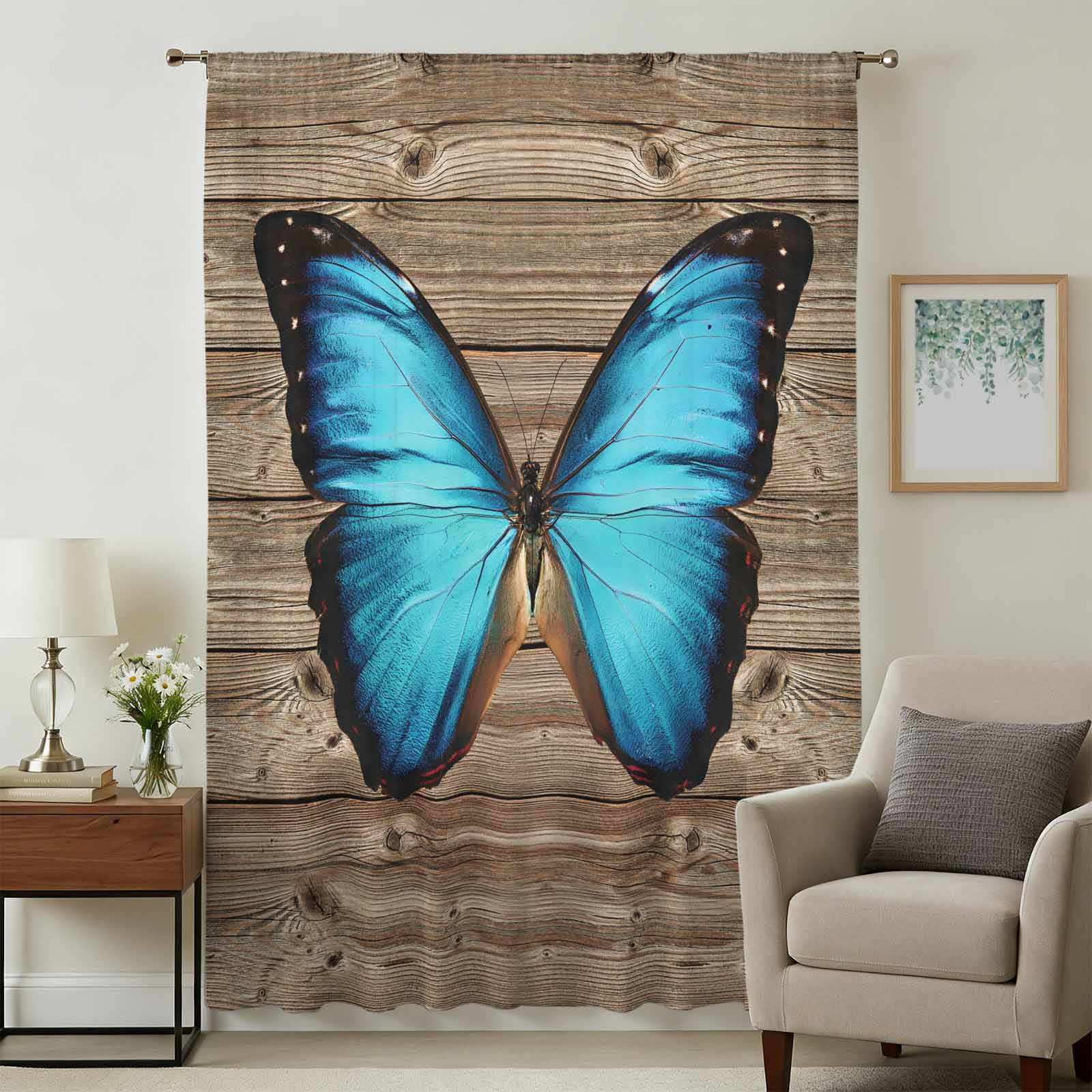 Blue Butterfly Sheer Curtains 72 Inches Long, Vintage Animal Artwork ...