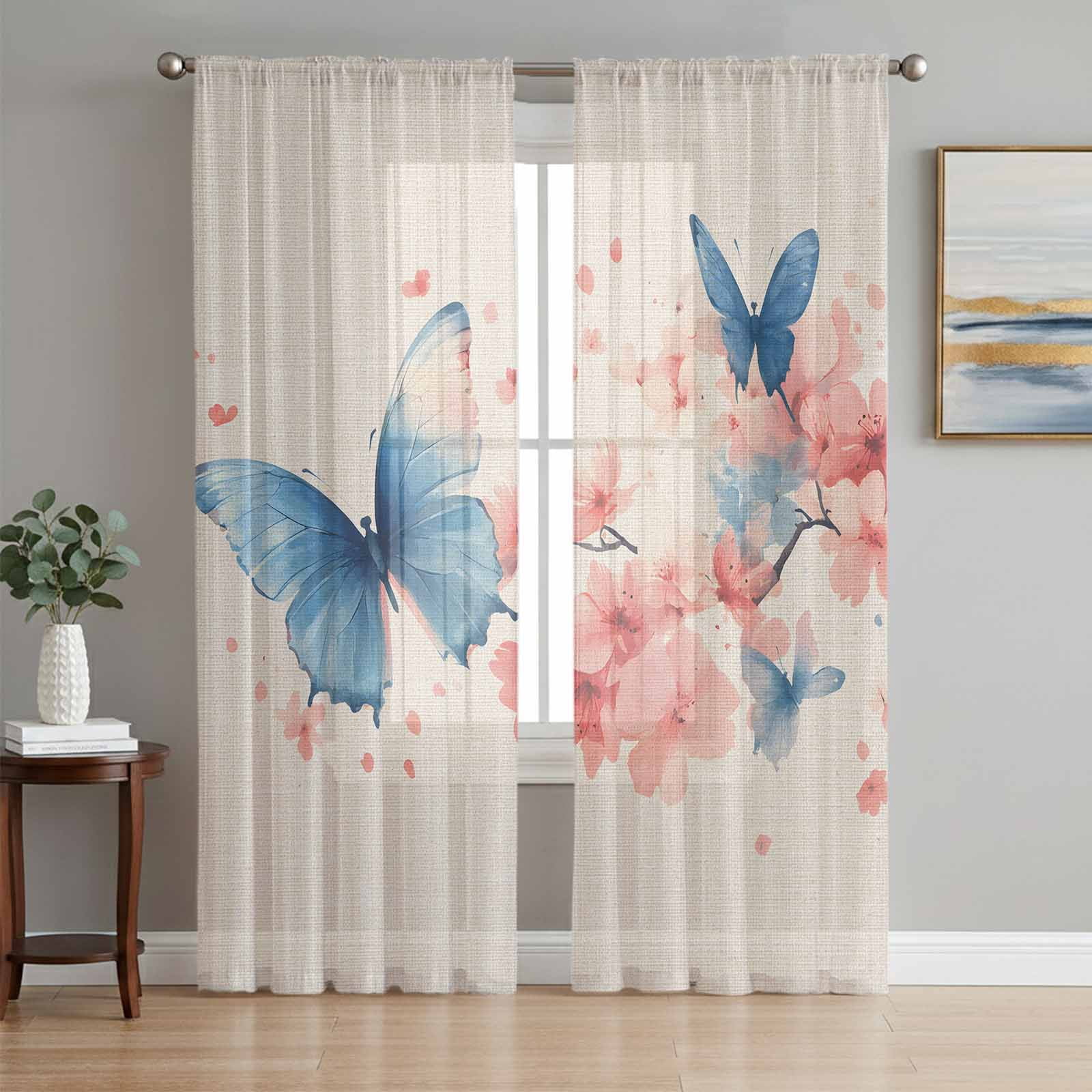 Blue Butterfly Sheer Curtains 84 Inch Length 2 Panels Set, Retro ...