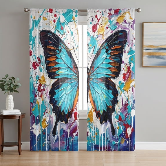 Blue Butterfly Sheer Curtains for Living Room Bedroom Modern Abstract ...