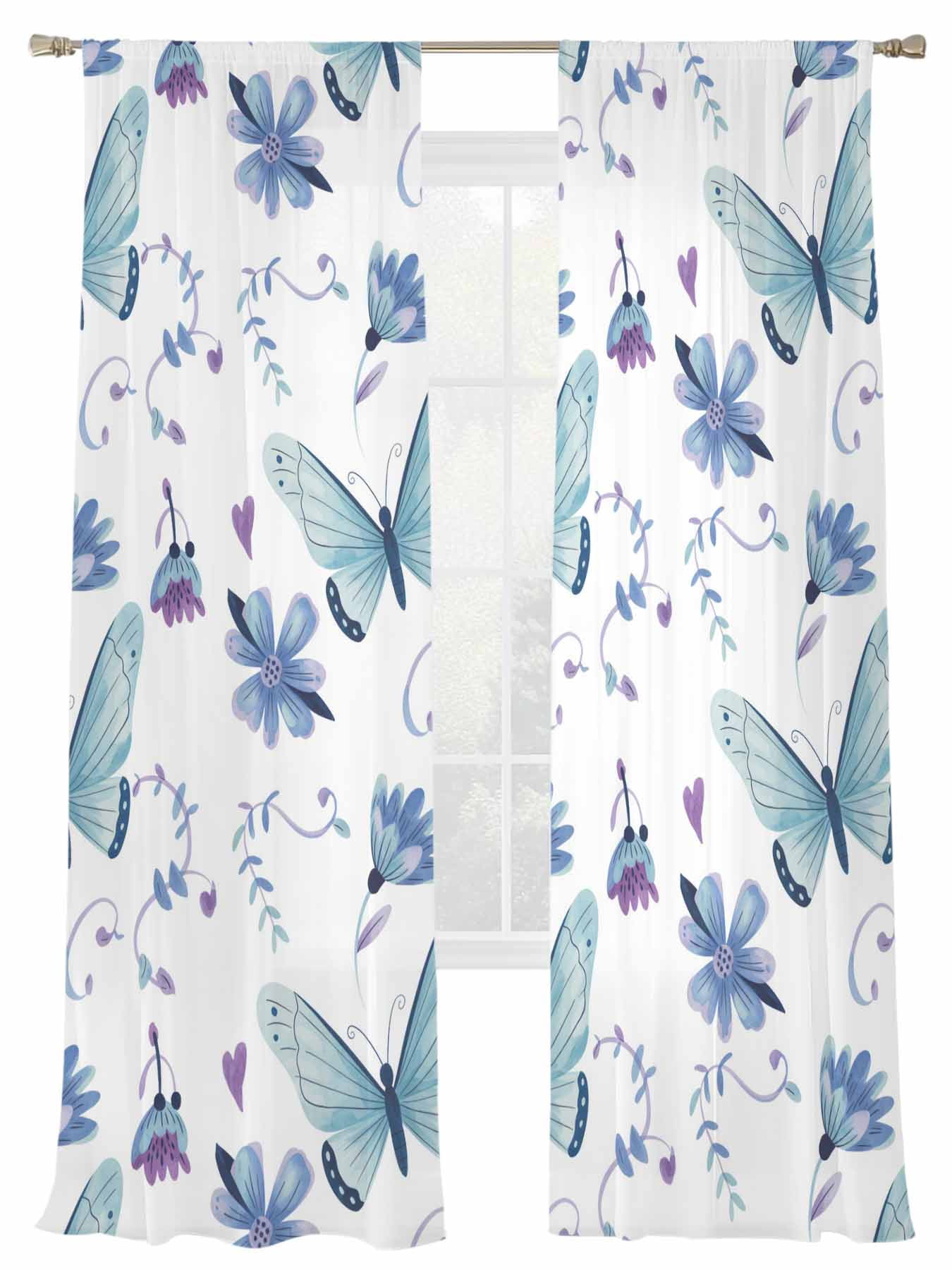 Blue Butterfly Sheer Curtains for Living Room Bedroom, Purple Flower ...