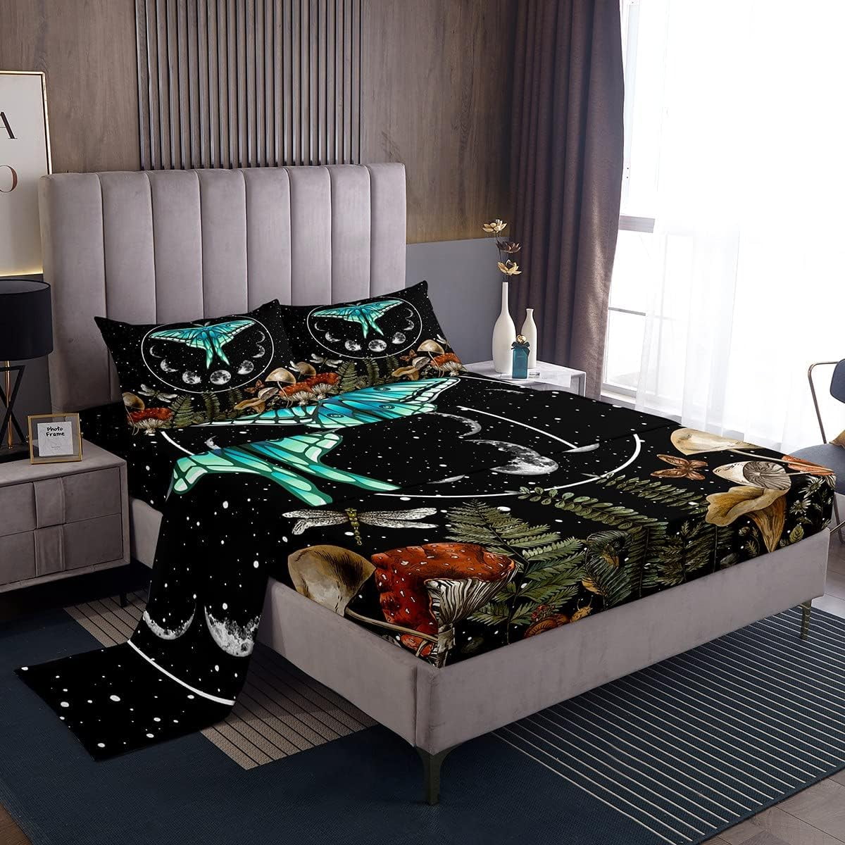 Blue Butterfly Sheet Set Queen, Dragonfly Moth Mushroom Bed Sheets Moon ...