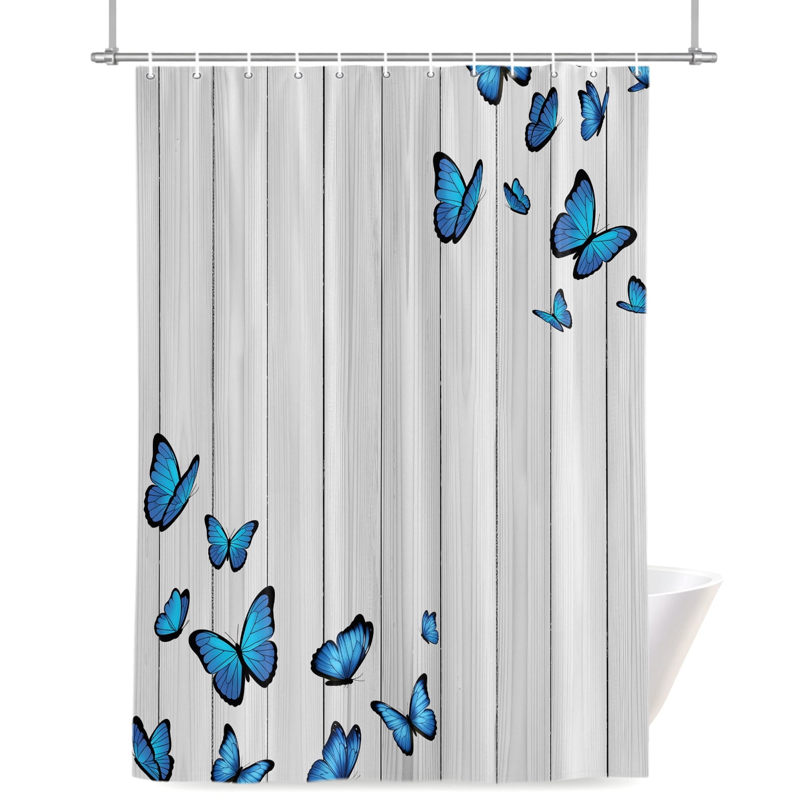 Blue Butterfly Shower Curtain, Retro Farmhouse Vintage Wood Grain ...