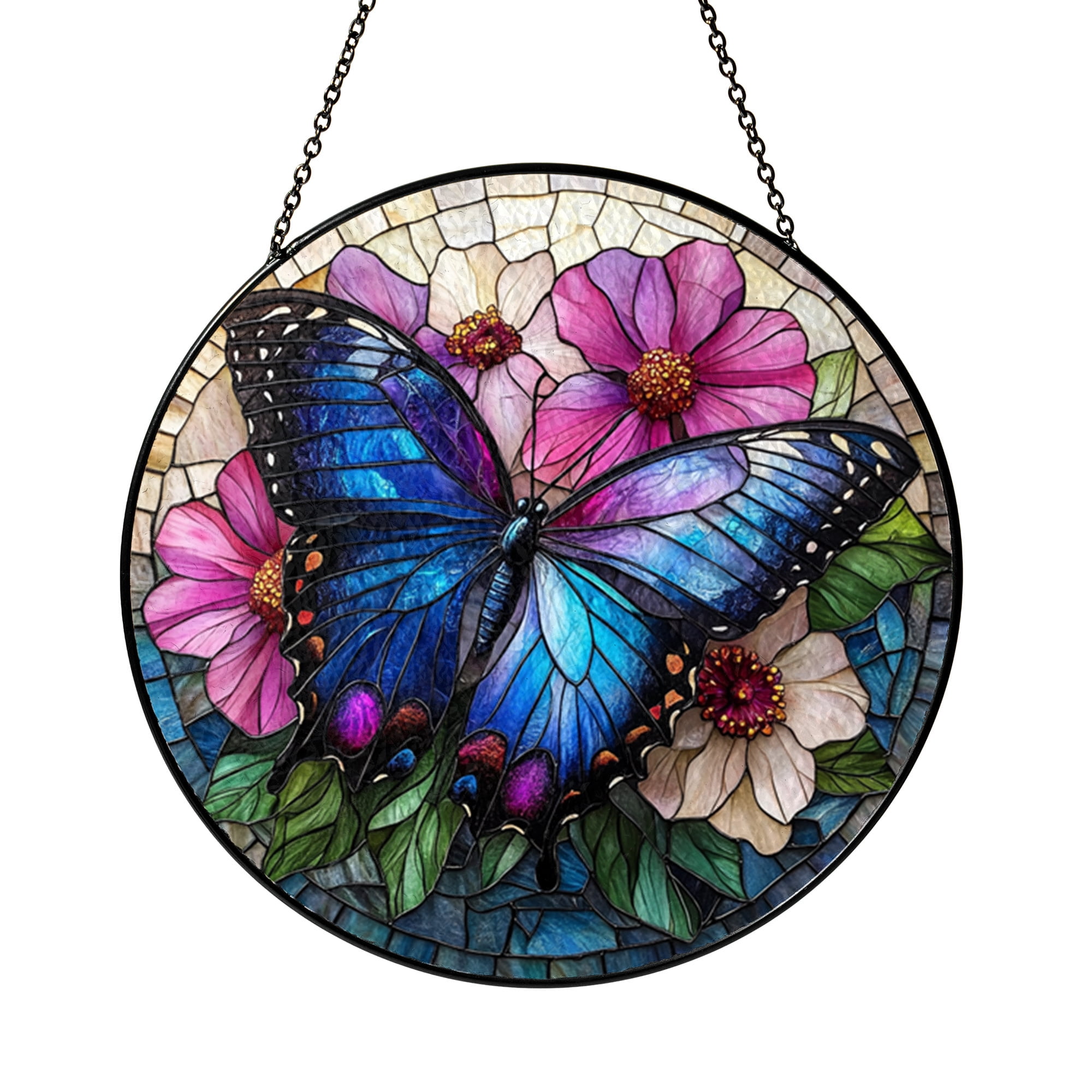 Blue Butterfly Stained Glass Suncatcher – Floral Window Panel with Pink ...