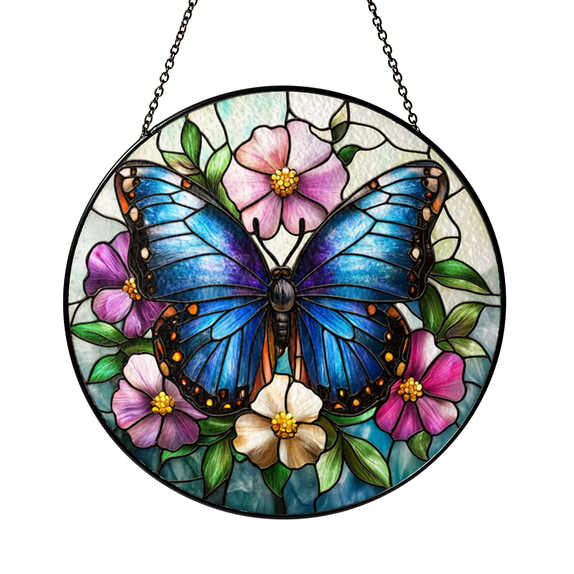 Blue Butterfly Stained Glass Suncatcher, Round Floral Window Panel with ...