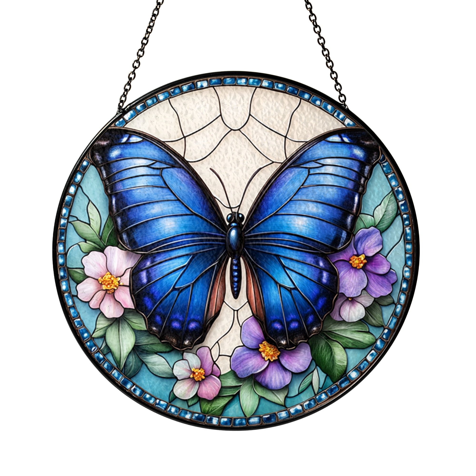 Blue Butterfly Stained Glass Suncatcher Round Window Hanging, Floral ...
