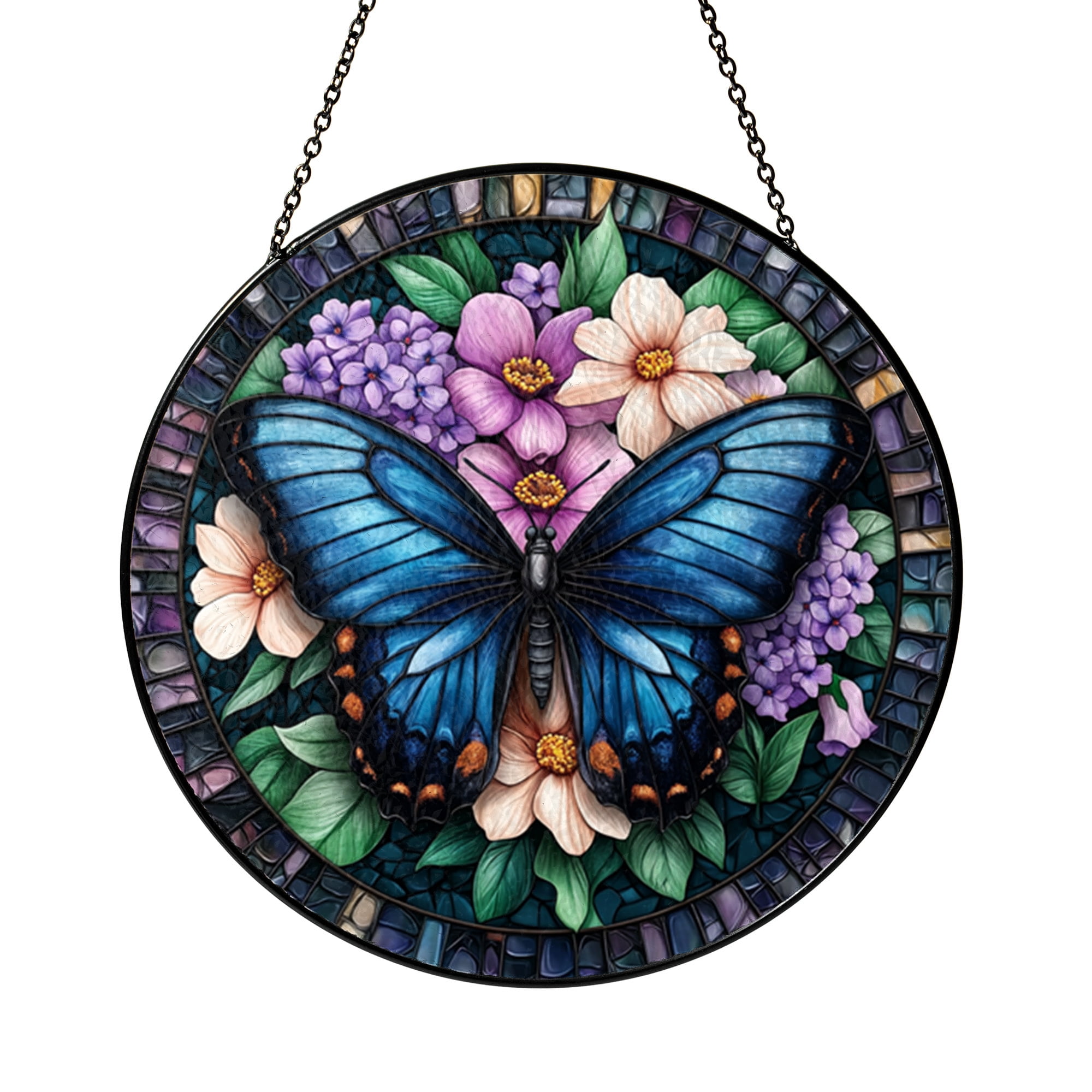 Blue Butterfly Stained Glass Suncatcher Round Window Hanging, Floral ...