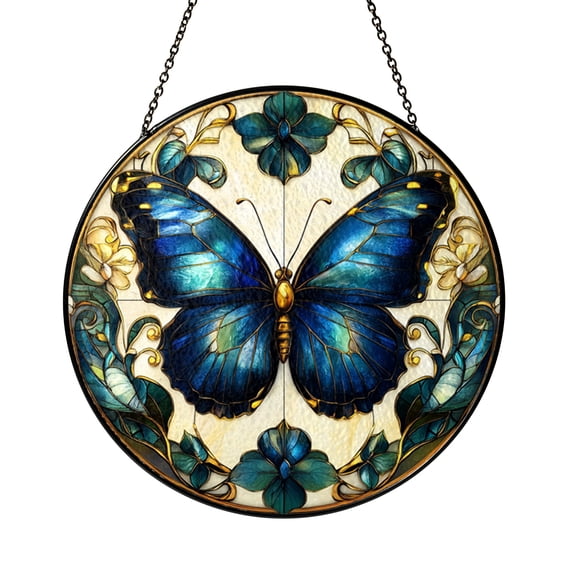 Blue Butterfly Stained Glass Suncatcher – Round Window Hanging with ...
