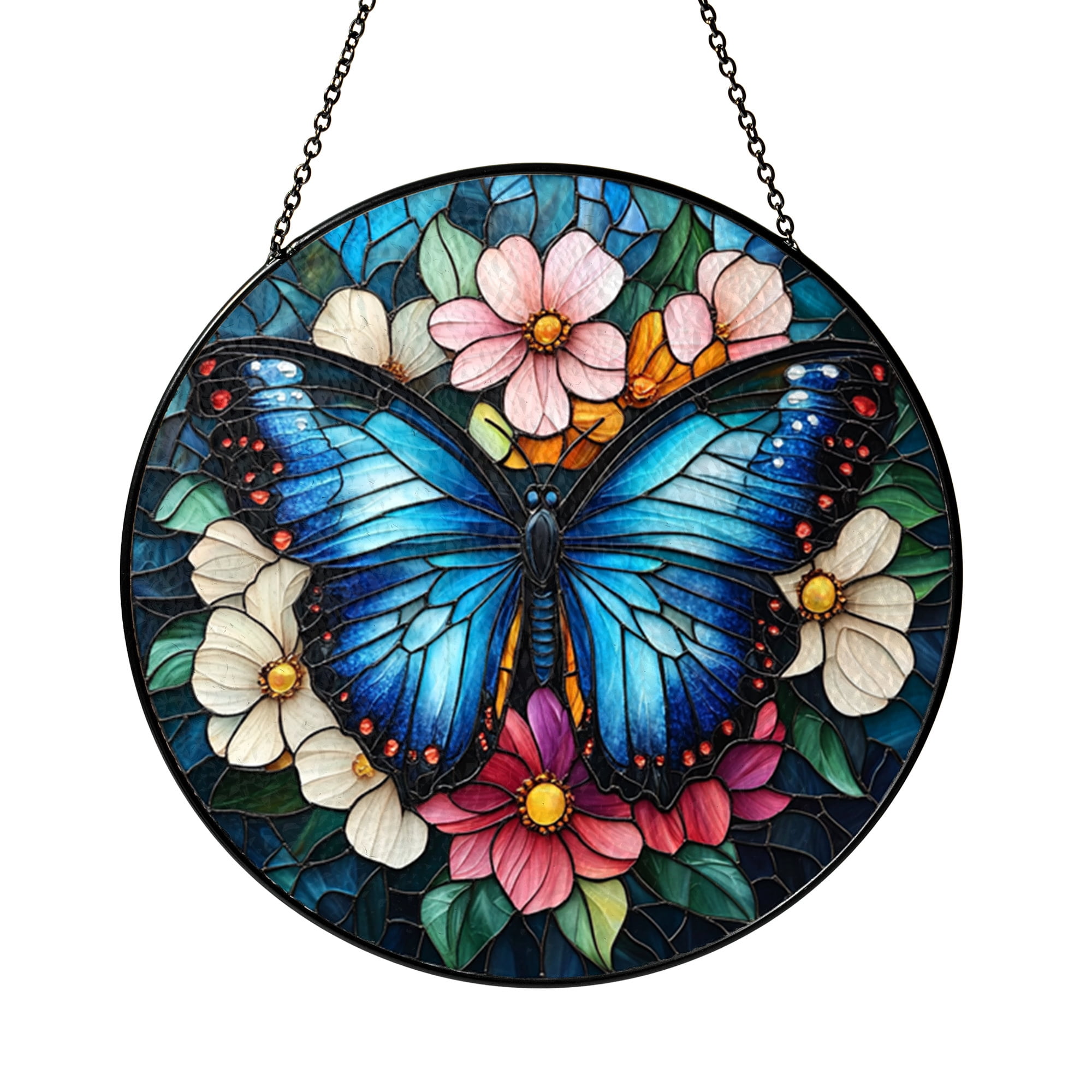 Blue Butterfly Stained Glass Suncatcher – Round Window Hanging with ...