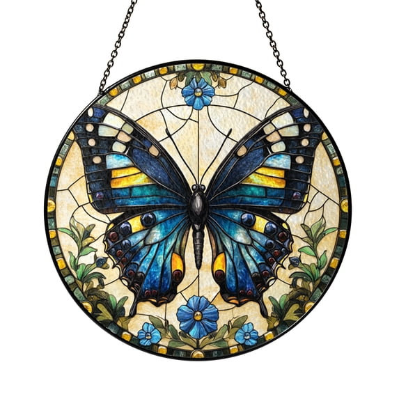 Blue Butterfly Stained Glass Suncatcher Window Decor, Round Colorful ...