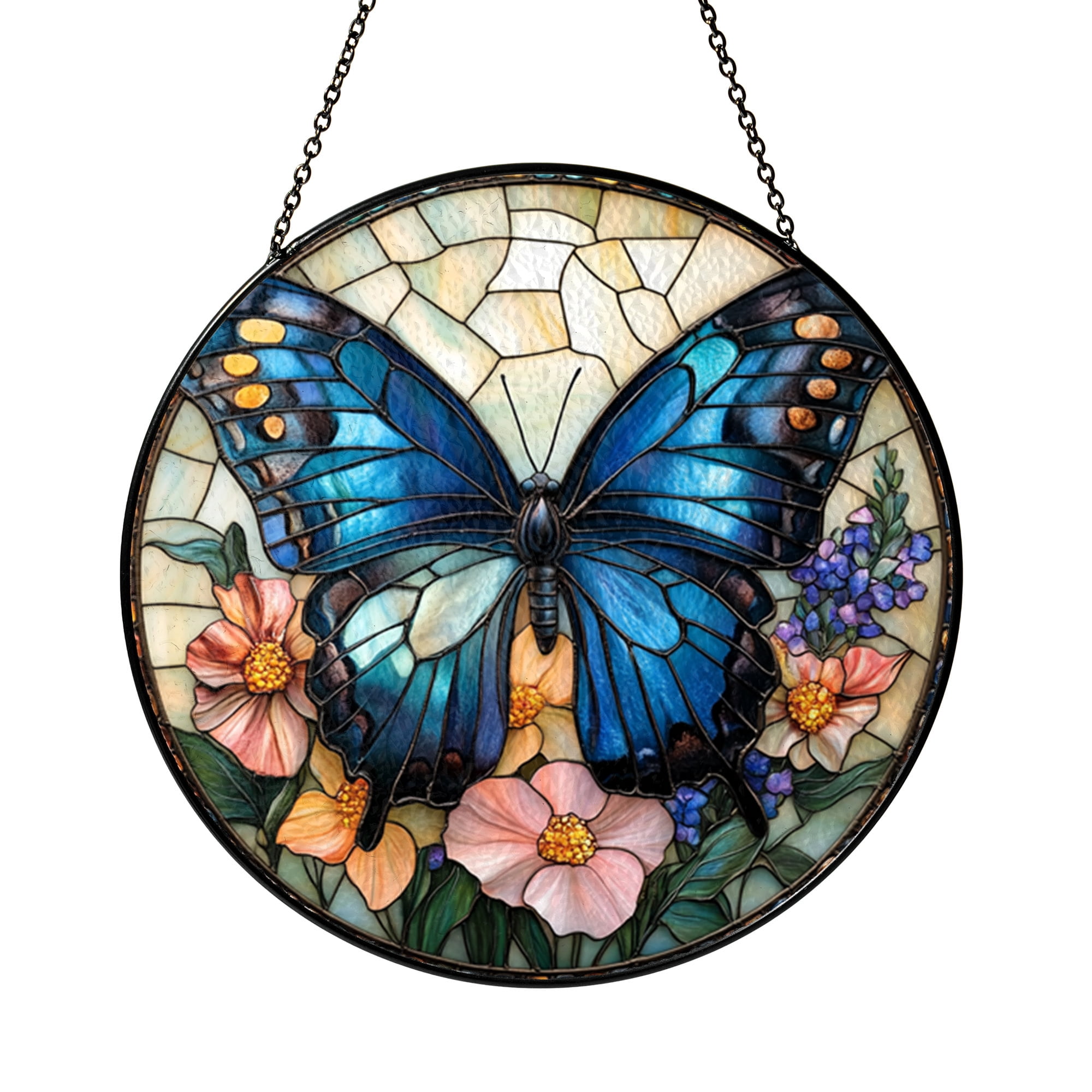 Blue Butterfly Stained Glass Suncatcher Window Hanging, Floral Nature ...
