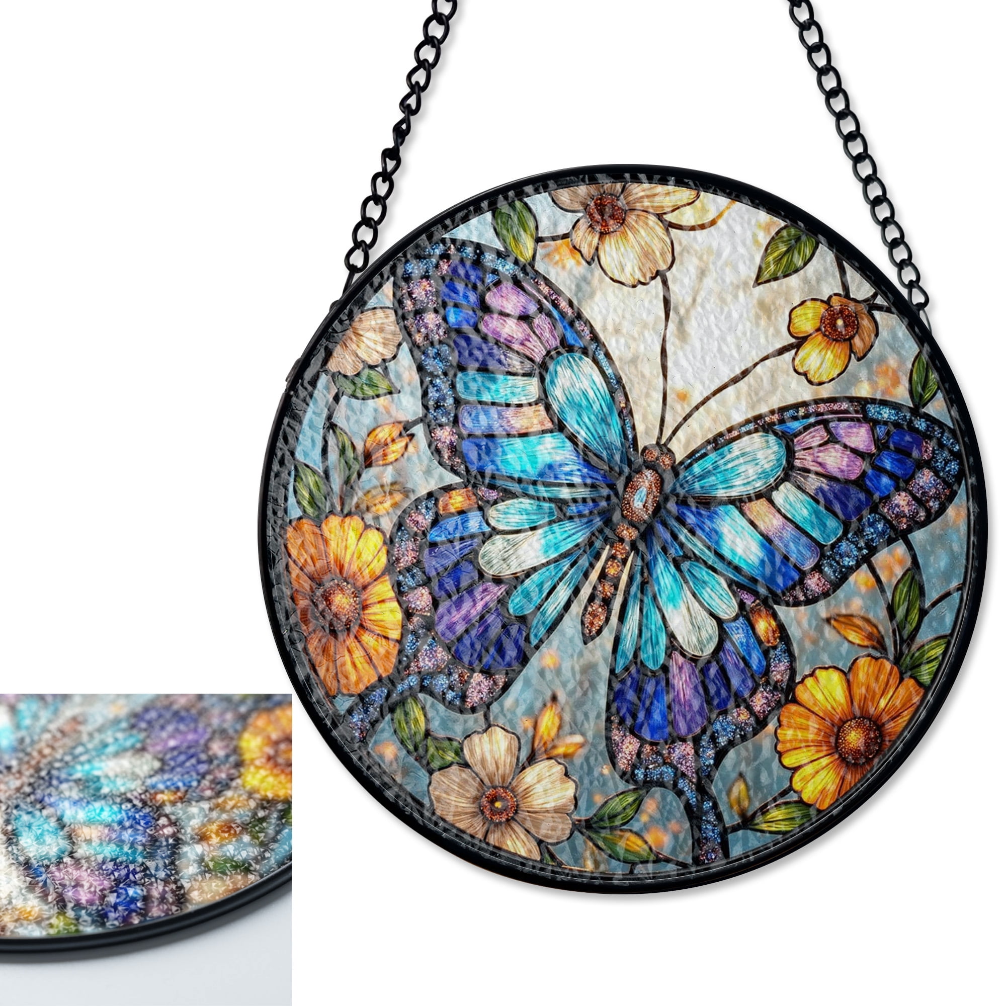 Blue Butterfly Stained Glass Suncatcher with Flowers, Window Decor ...