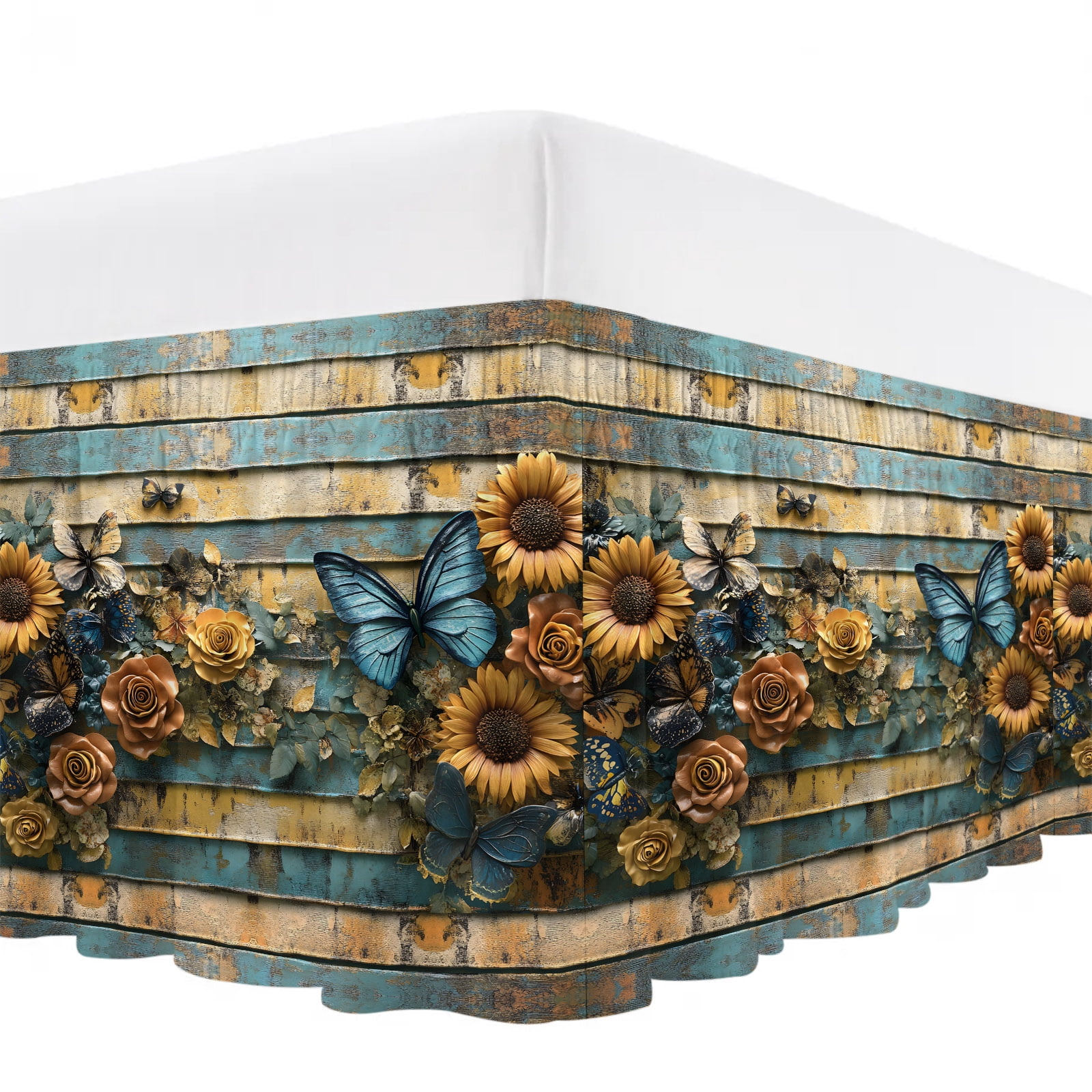 Blue Butterfly Sunflower Bed Skirt Bed Skirts Queen Size 16 Inch Drop ...