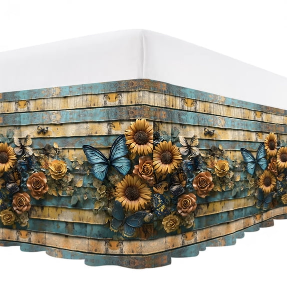 Blue Butterfly Sunflower Bed Skirt Bed Skirts Queen Size 18 Inch Drop ...