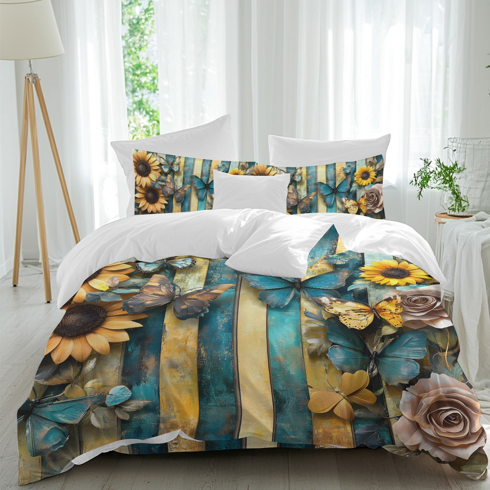Blue Butterfly Sunflower Bedding Duvet Cover Set Full Size 4 Pieces ...