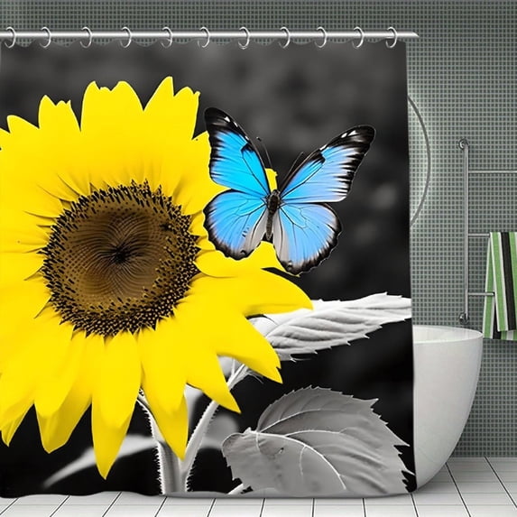 Blue Butterfly Sunflower Print Shower Curtain,Modern Fabric Waterproof ...