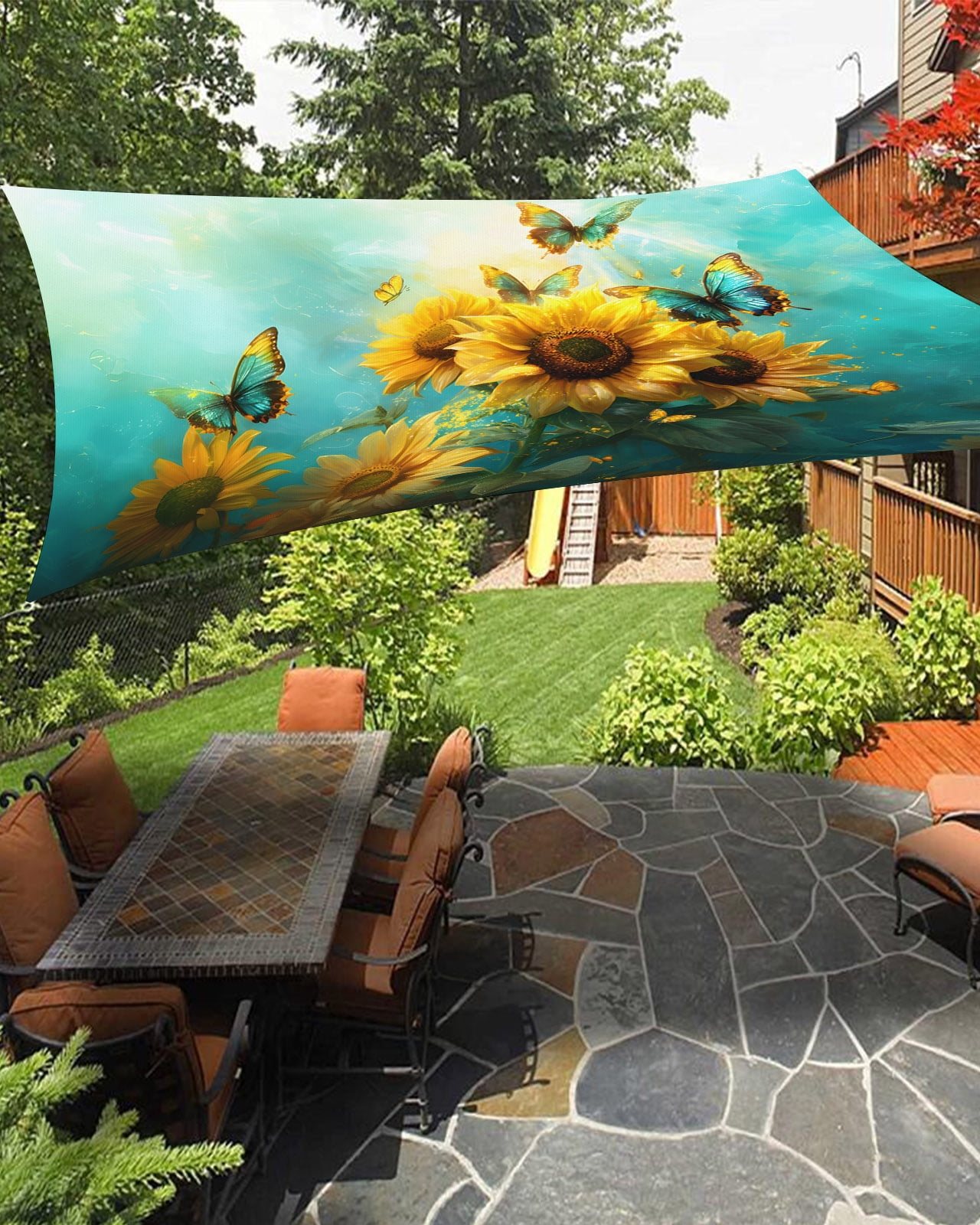 Blue Butterfly Sunflower Sun Shade Sail 12'X16' Pastoral Yellow Flower ...