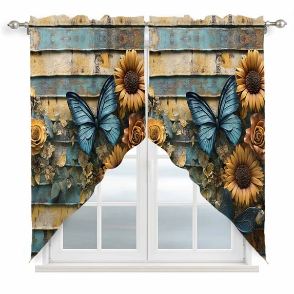 Blue Butterfly Sunflower Swag Curtain Valance for Window 2 Panels Rose ...