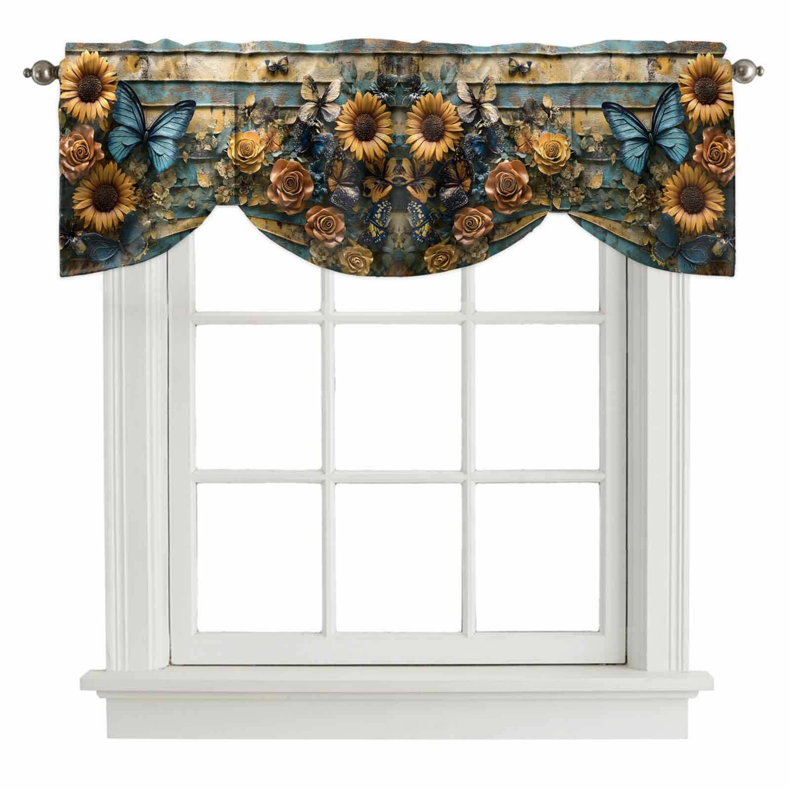 Blue Butterfly Sunflower Tie Up Valance Curtains Rose Vintage Flower ...