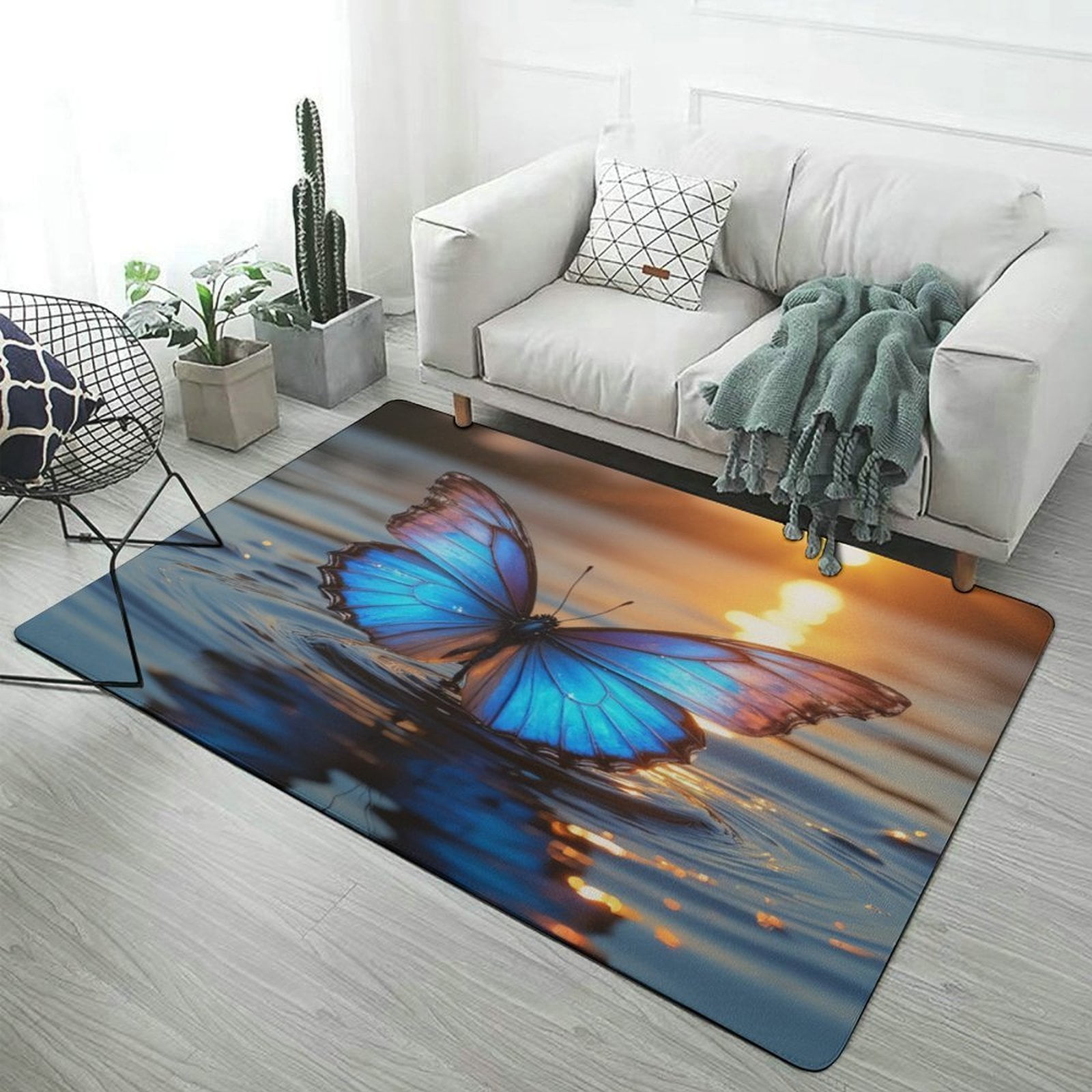 Blue Butterfly Sunset Glow Home Decor Living Room Carpet Non-slip Hotel ...