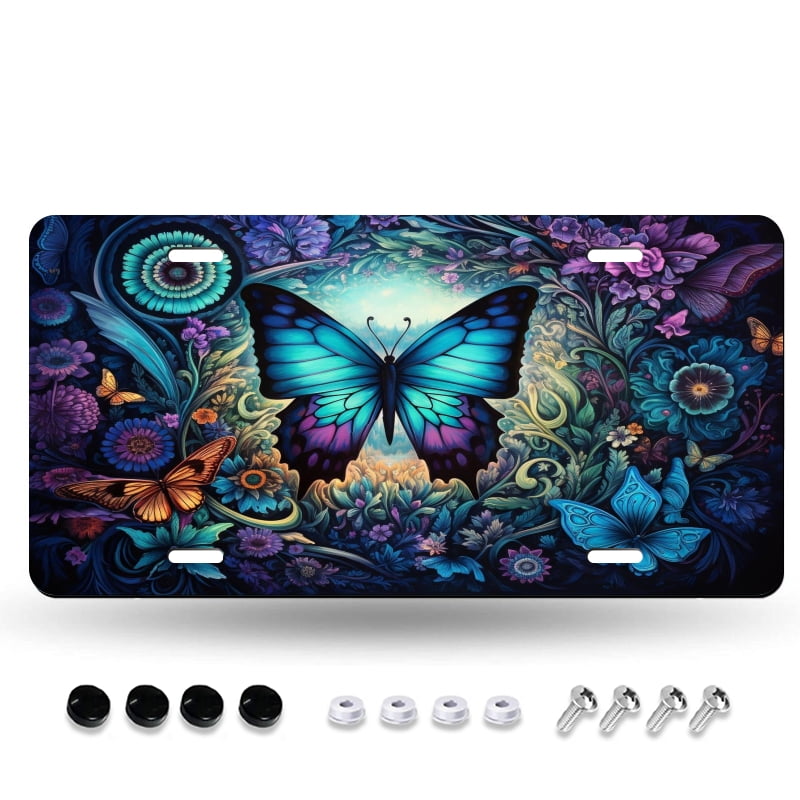 Blue Butterfly Surrounded by Vibrant Flowers and Glowing Plants License ...