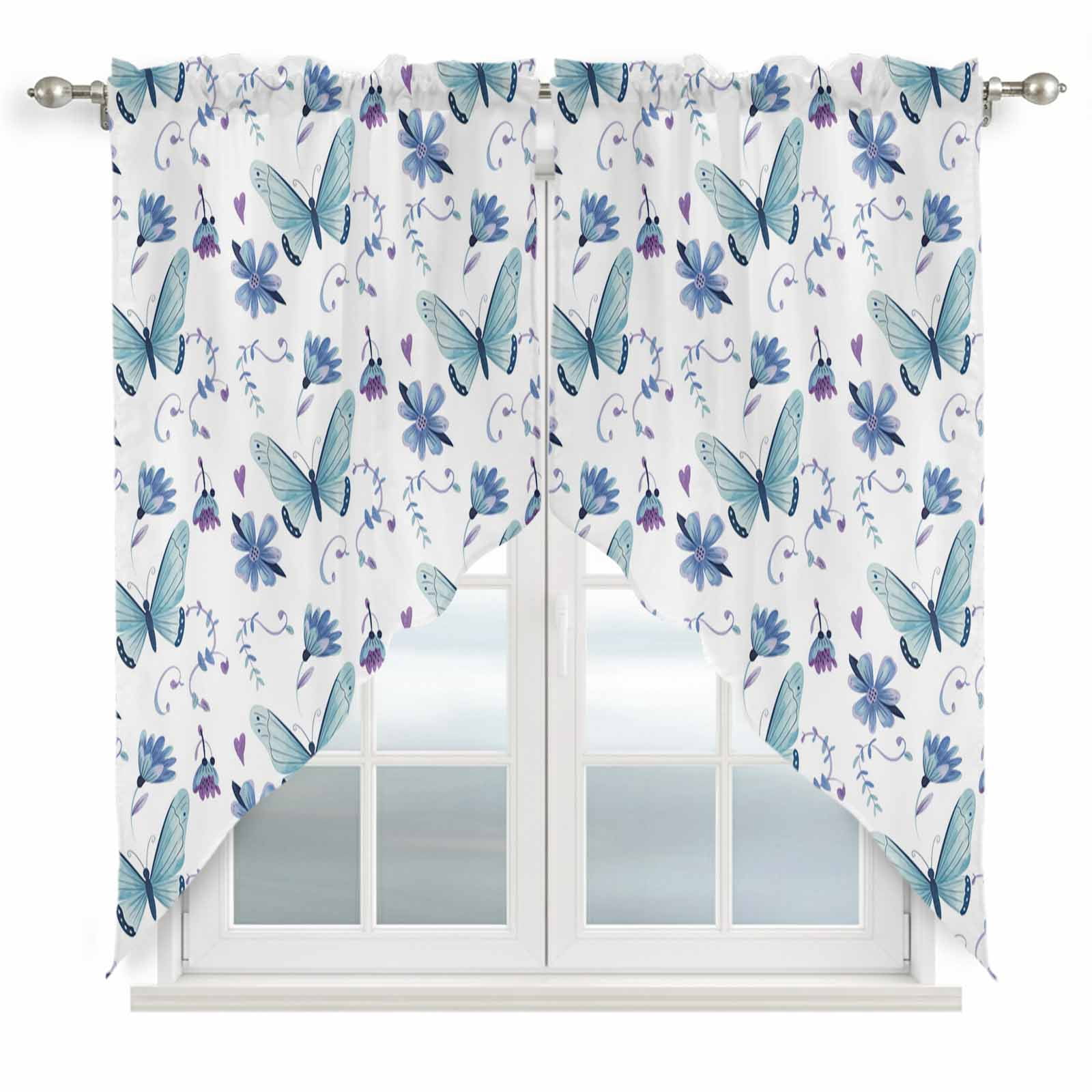 Blue Butterfly Swag Curtain Valance for Window 2 Panels Purple Flower ...