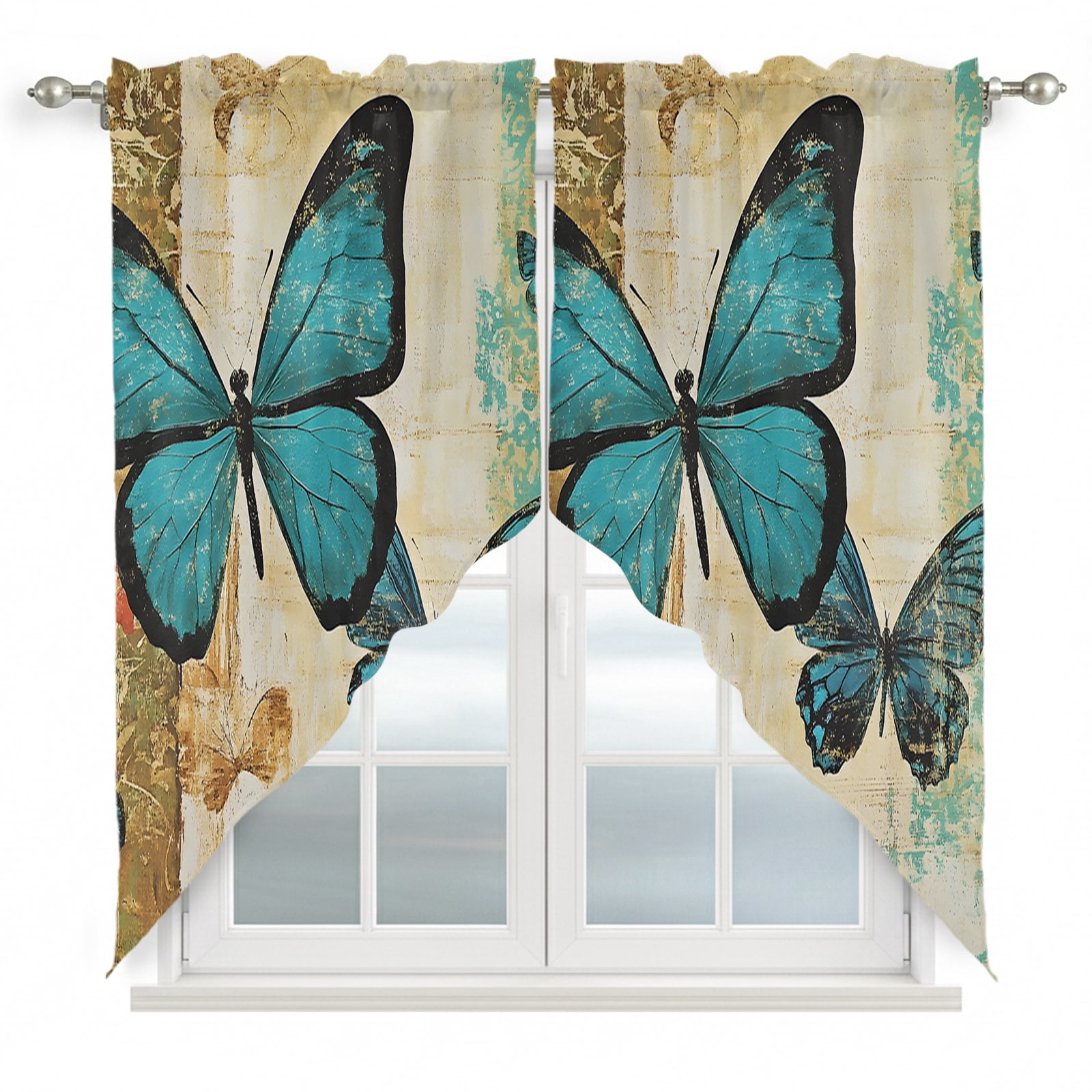 Blue Butterfly Swag Curtain Valance for Window 2 Panels Vintage Rod ...