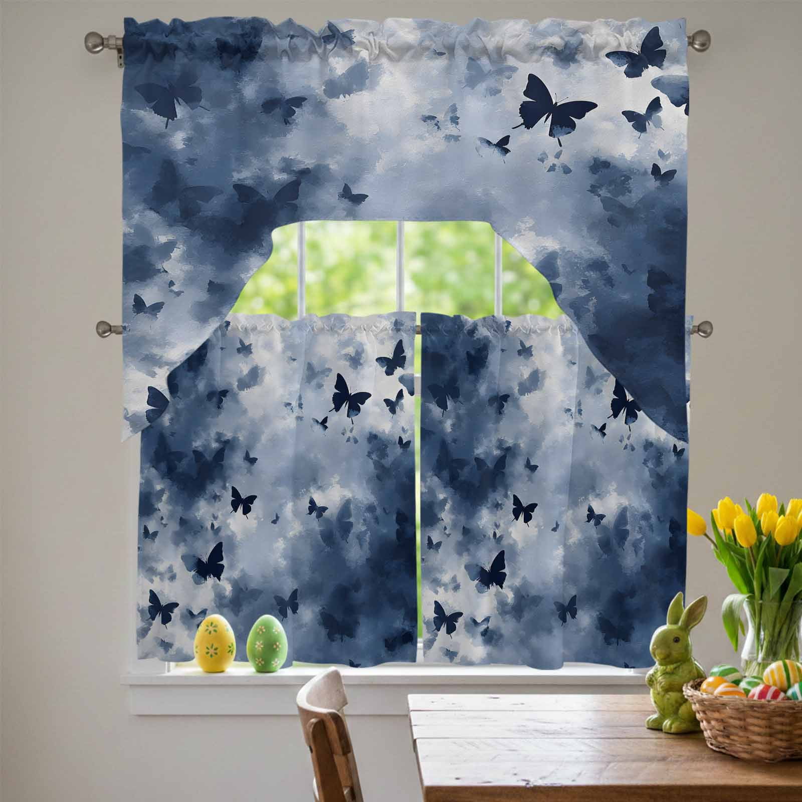 Blue Butterfly Swag Curtains Valance & Tier Set, Foggy Navy Blue ...