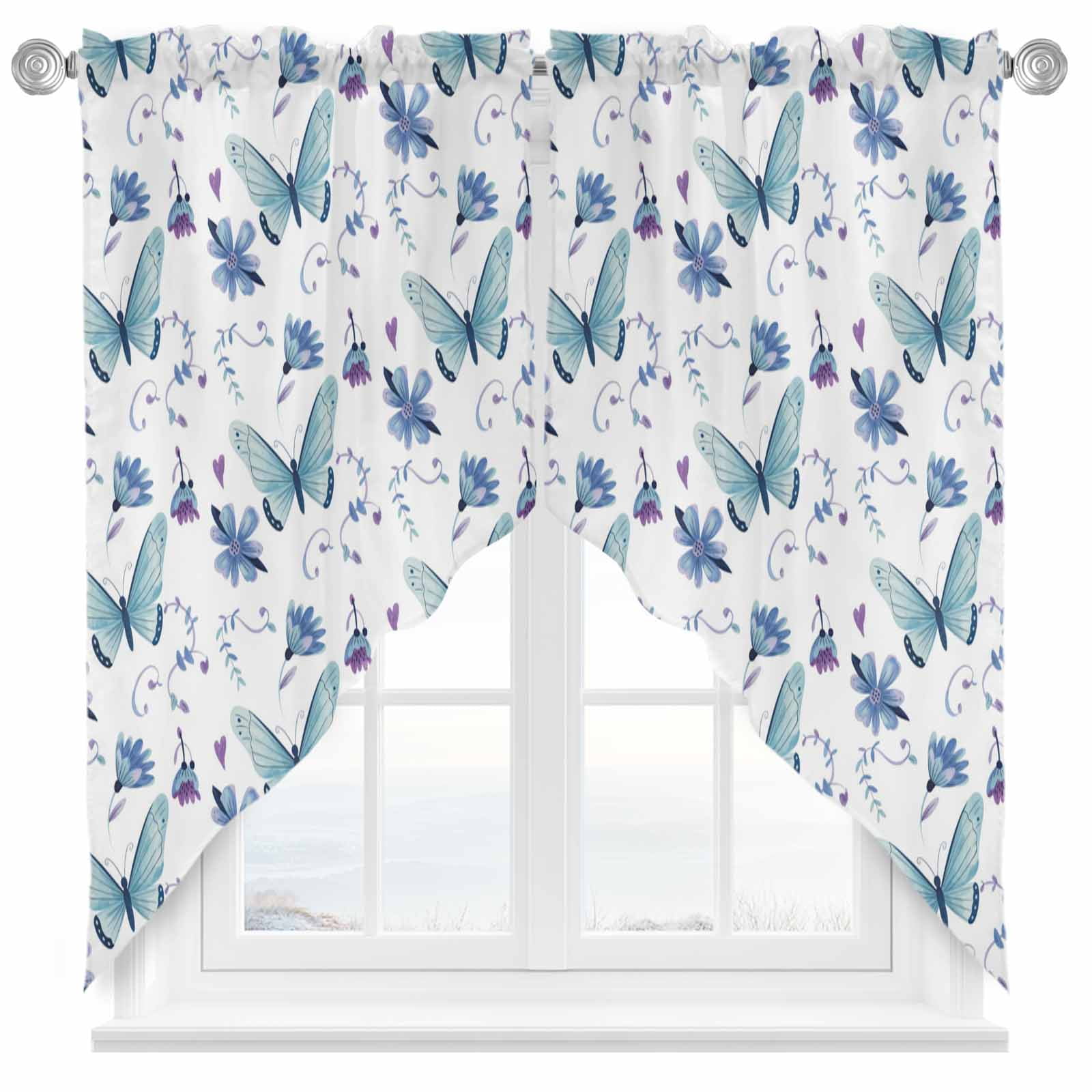 Blue Butterfly Swag Kitchen Curtain Valances, Purple Flower Spring ...
